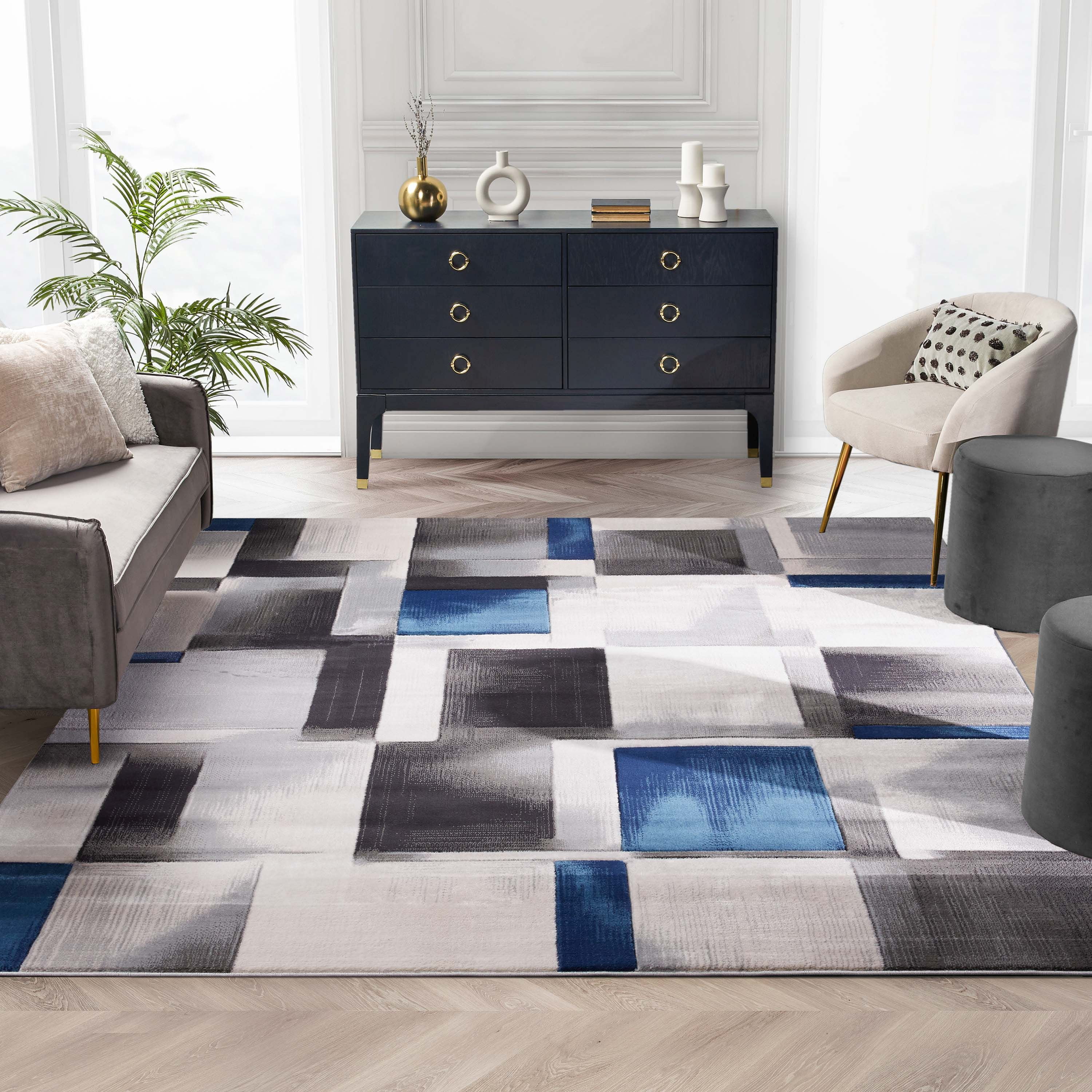 Well Woven Lane Blue Modern Geometric Boxes & Squares Pattern 3'11 x 5 ...