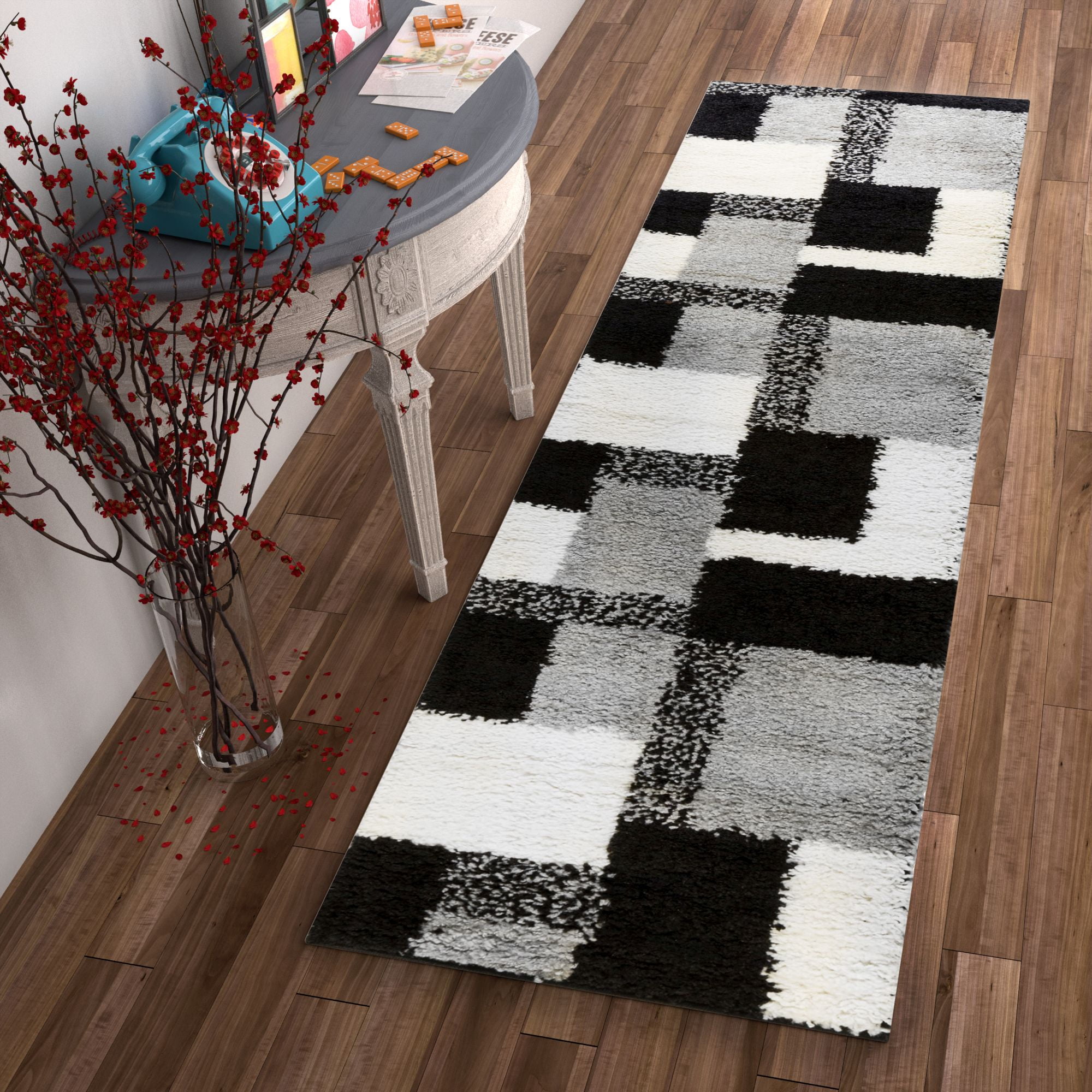 Well Woven Madison Shag Cubes Black Thick Shag 2' x 7'3" Runner Area ...