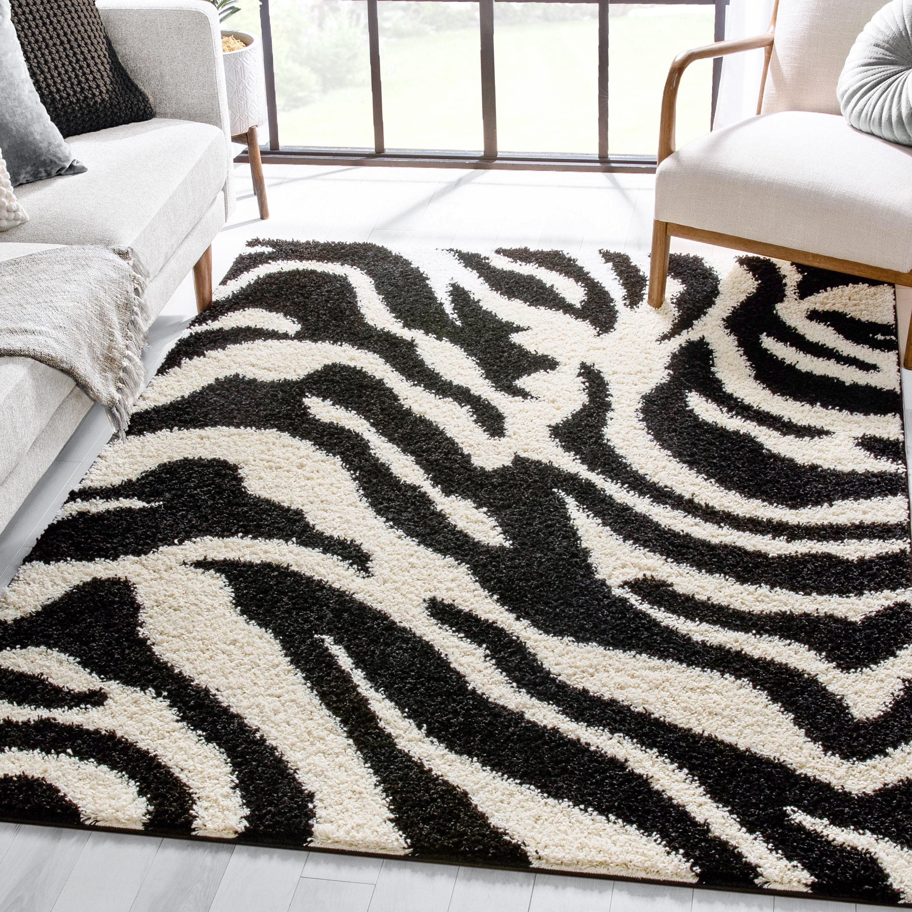 Well Woven Madison Shag Safari Zebra Modern Animal Print Black Thick ...