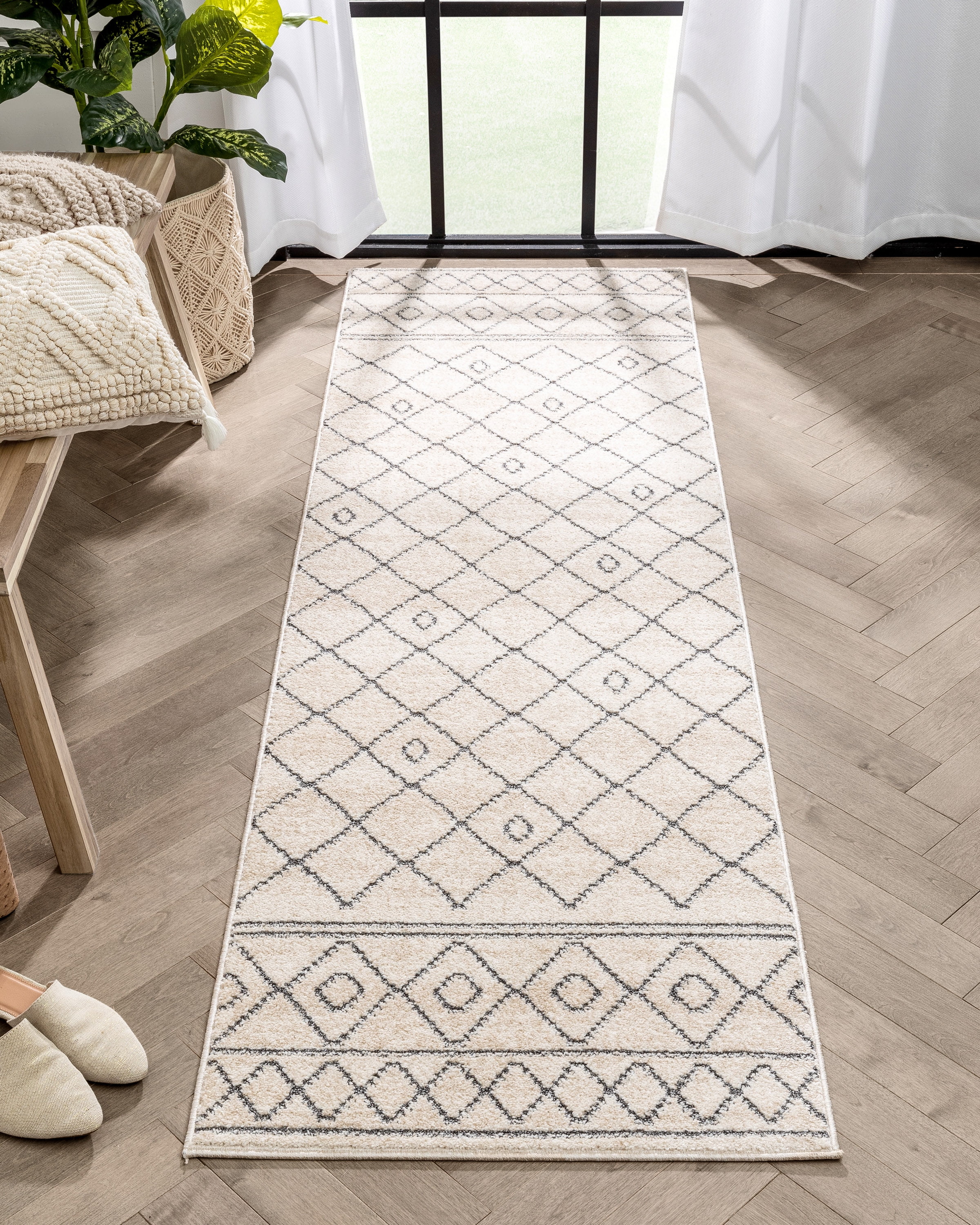 Well Woven Marda Ivory Diamond Geometric Distressed High-Lo Runner 2x7 ...