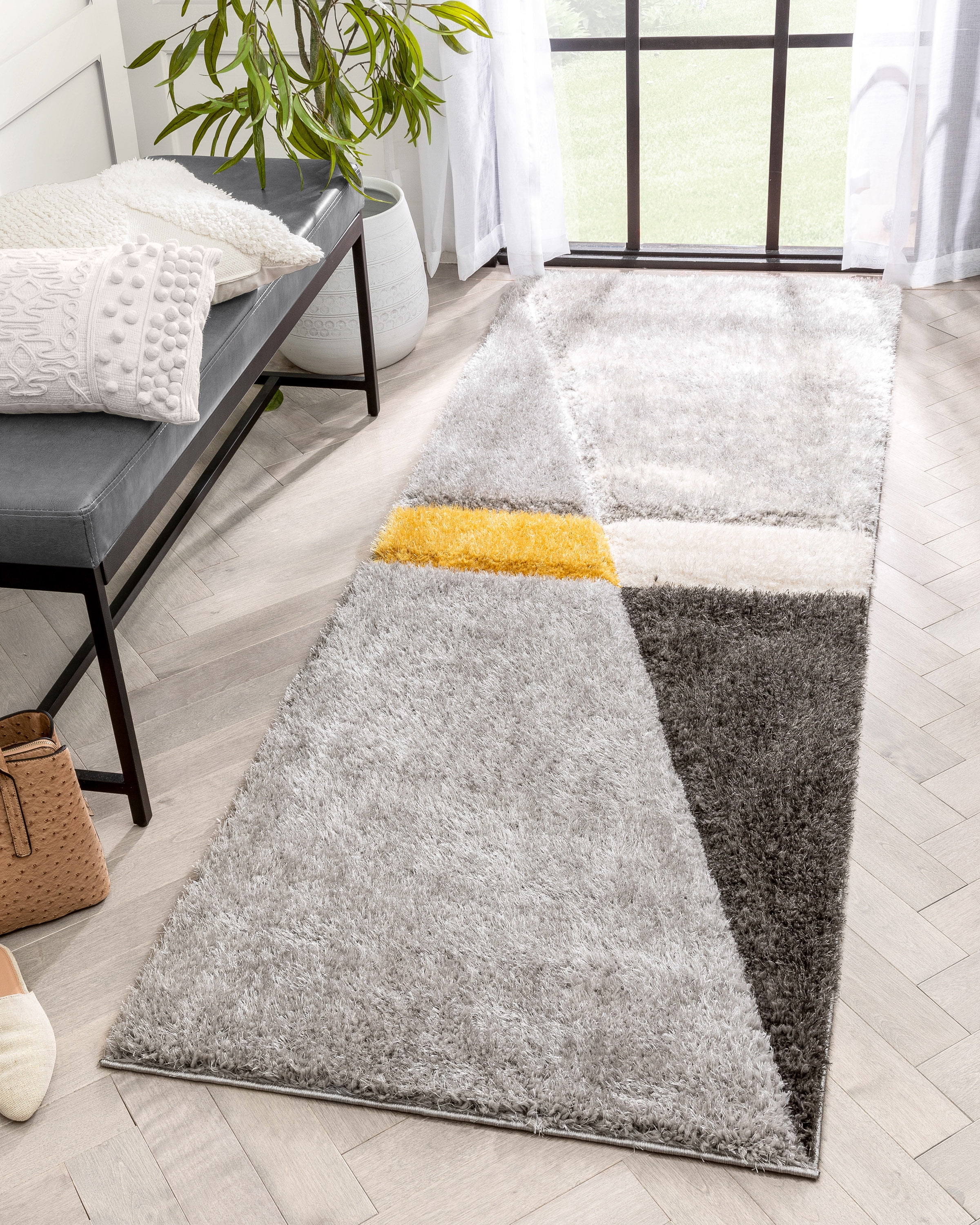 Well Woven Marye Yellow & Grey Abstract Geometric 3D Textured Shag 2x7 ...