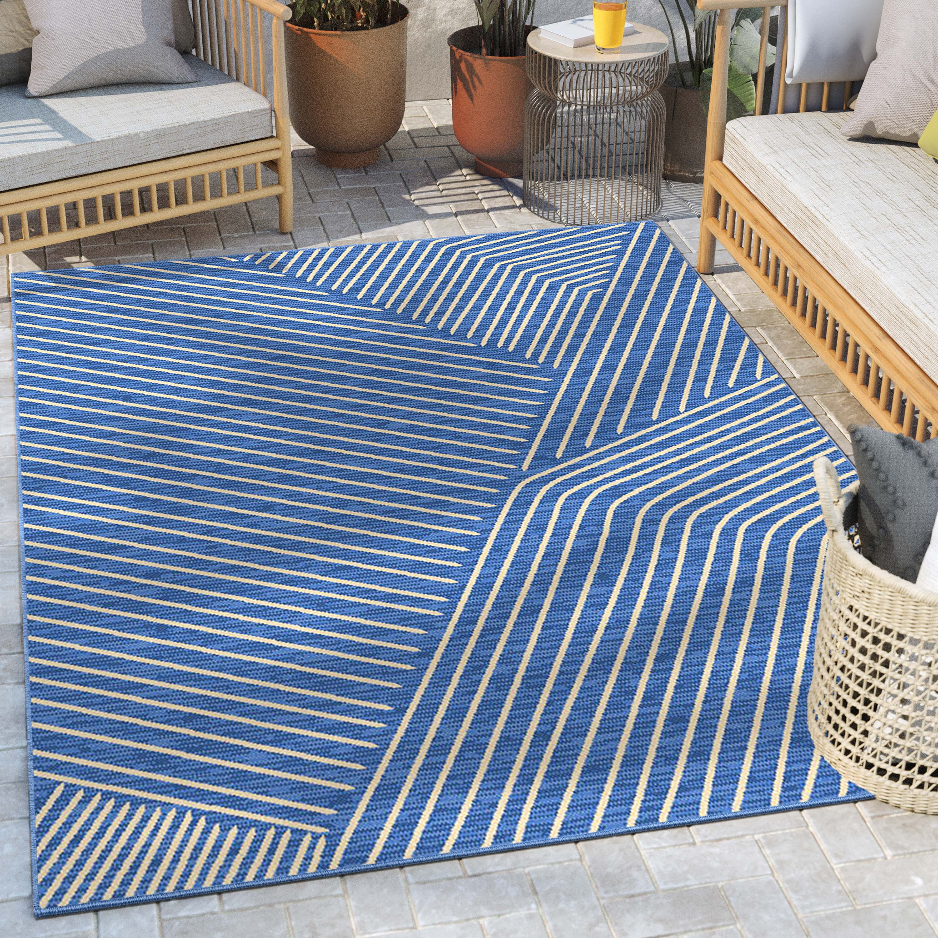 Free Shipping! Well Woven Medusa Linden Blue Striped Outdoor Rug 5'3" x ...