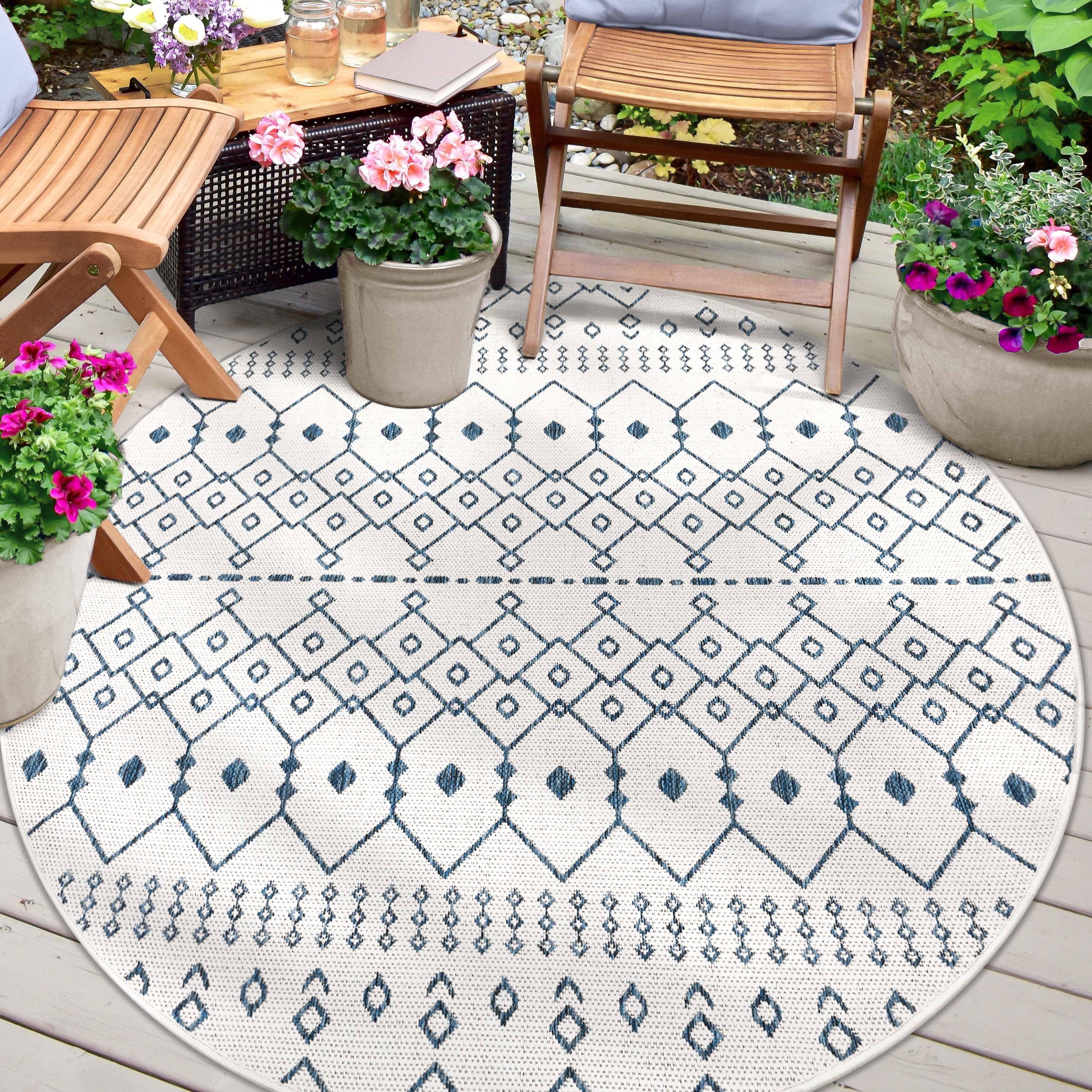 Well Woven Indoor/Outdoor Round Rug 5'3" Nors Light Blue Nordic Lattice ...