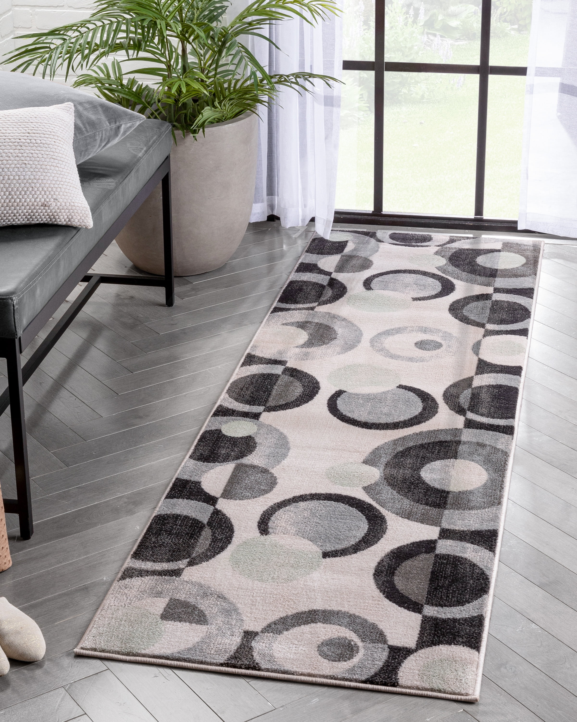 Well Woven Avri Grey & Green Boxes & Circles Border Pattern Runner Rug ...