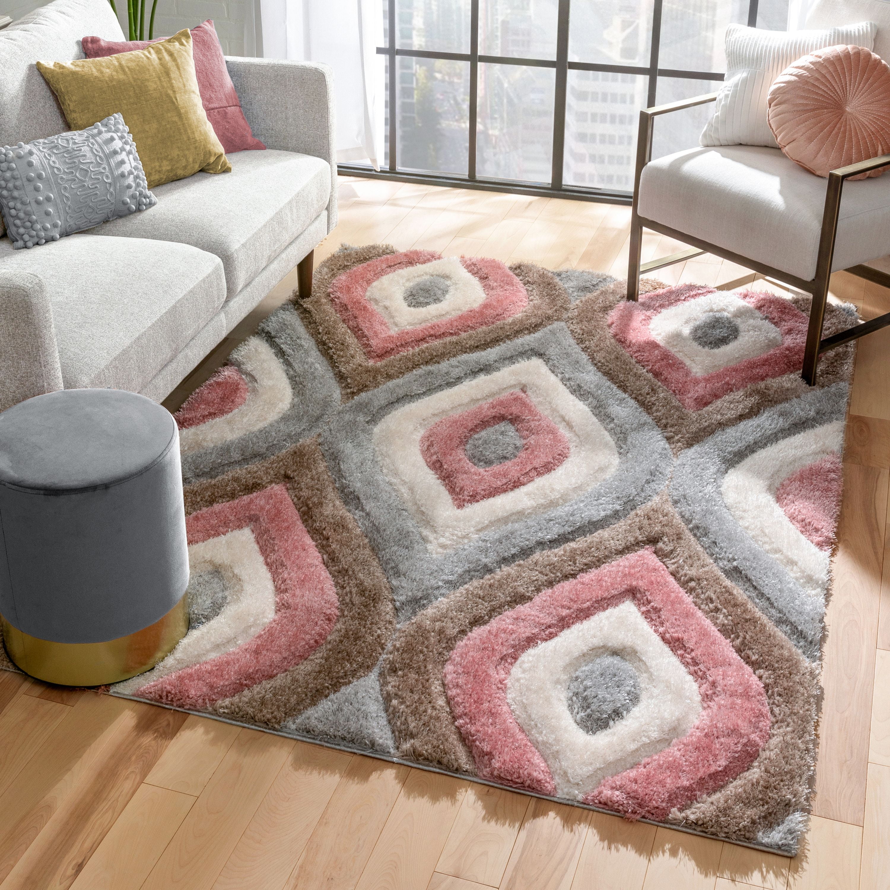 Well Woven Moira Brown & Blush Pink Geometric Trellis Thick Soft Plush ...