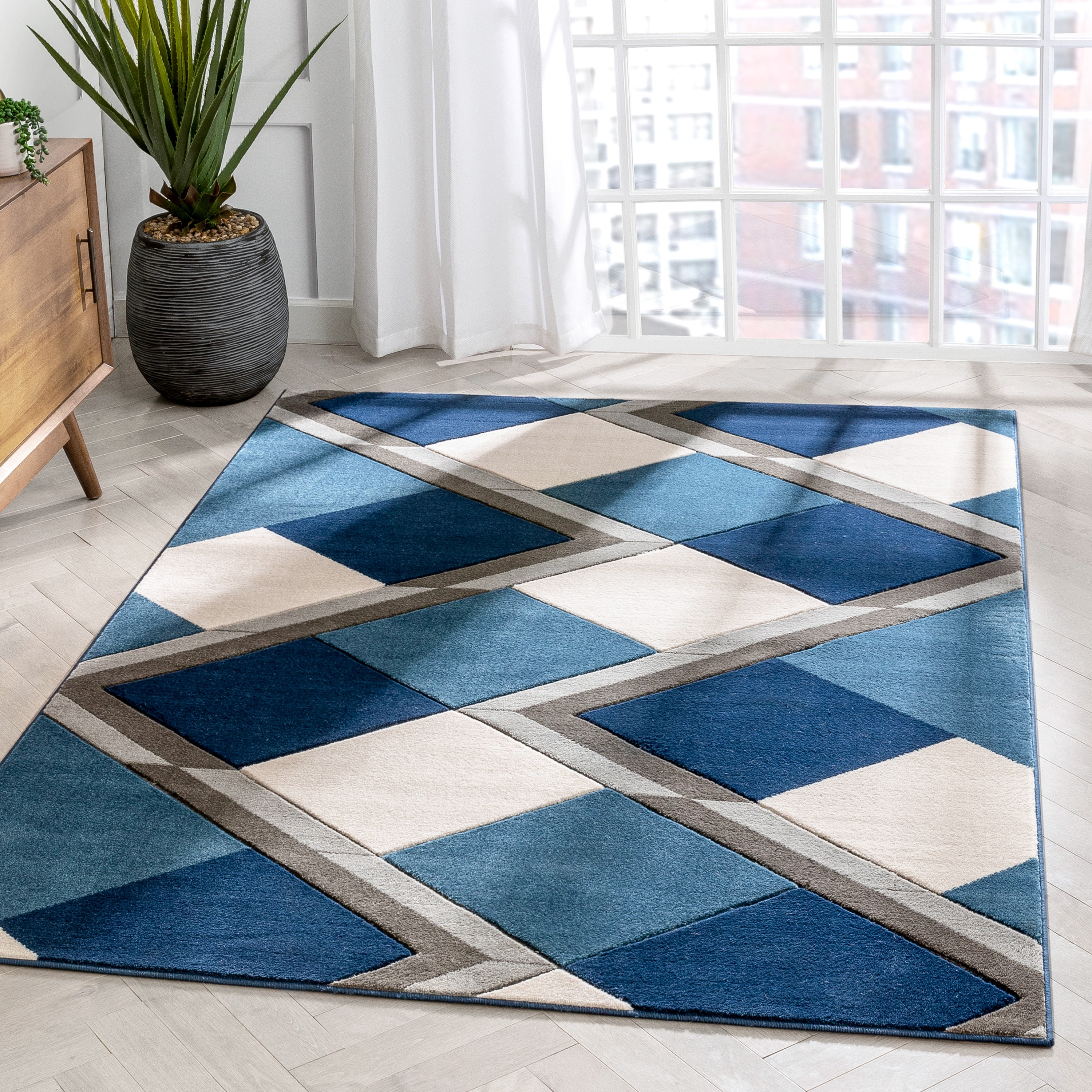 Well Woven Naya Blue Modern Geometric Diamond Boxes Pattern Area Rug ...