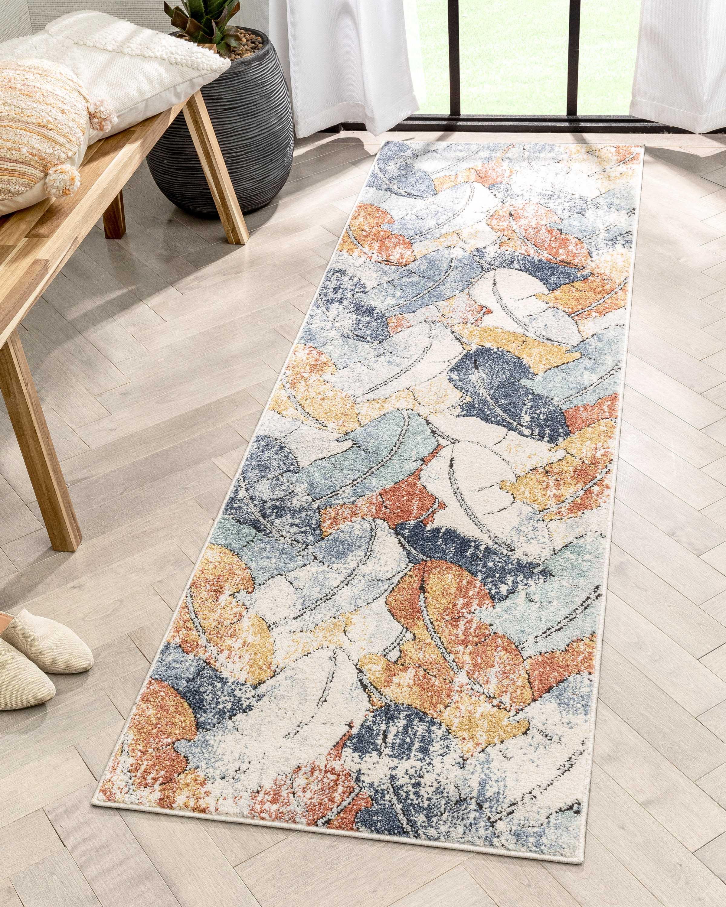 Well Woven Ravenna Nordic Abstract Leaves Blue Red Distressed 2'3" x 7 ...