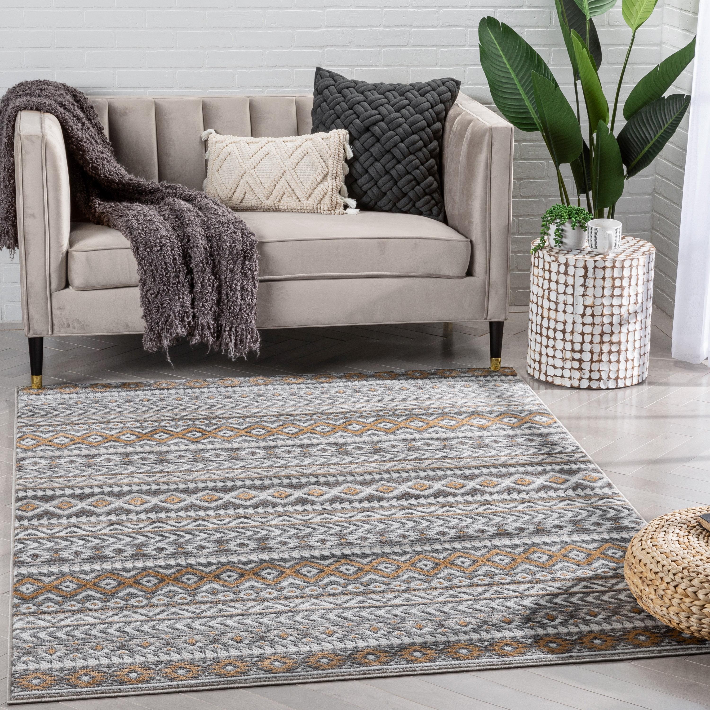 Well Woven Sahille Grey Golden Rust Geo Stripes Modern Area Rug 9x13 (9 ...