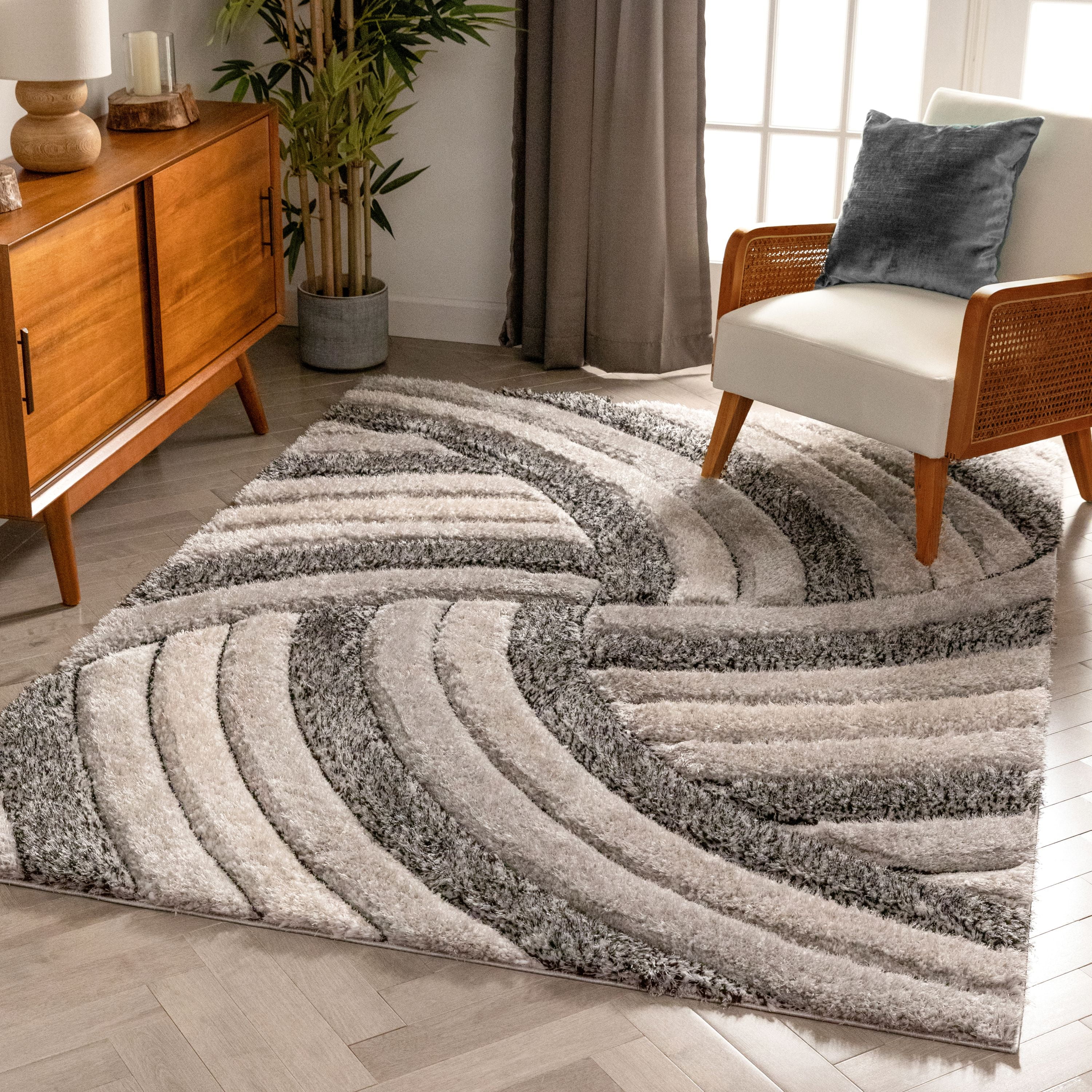 Free Shipping Well Woven San Francisco Ucci Grey Modern Geometric Stripes 5 3 x 7 3 Shag 3D Textured Area Rug Walmart
