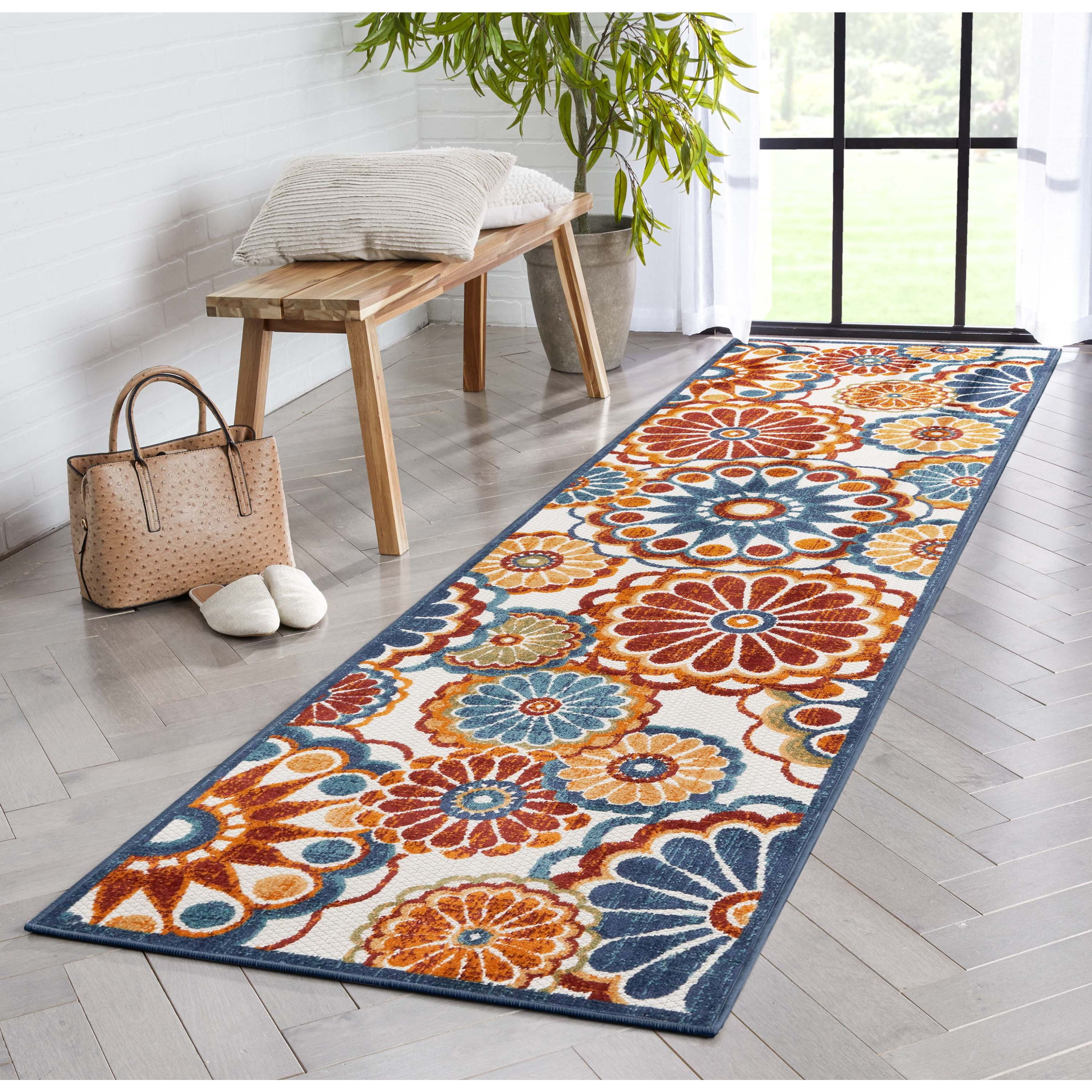 Well Woven Seri Blue Floral Indoor/Outdoor High-Low Pile Runner 2'7" x ...