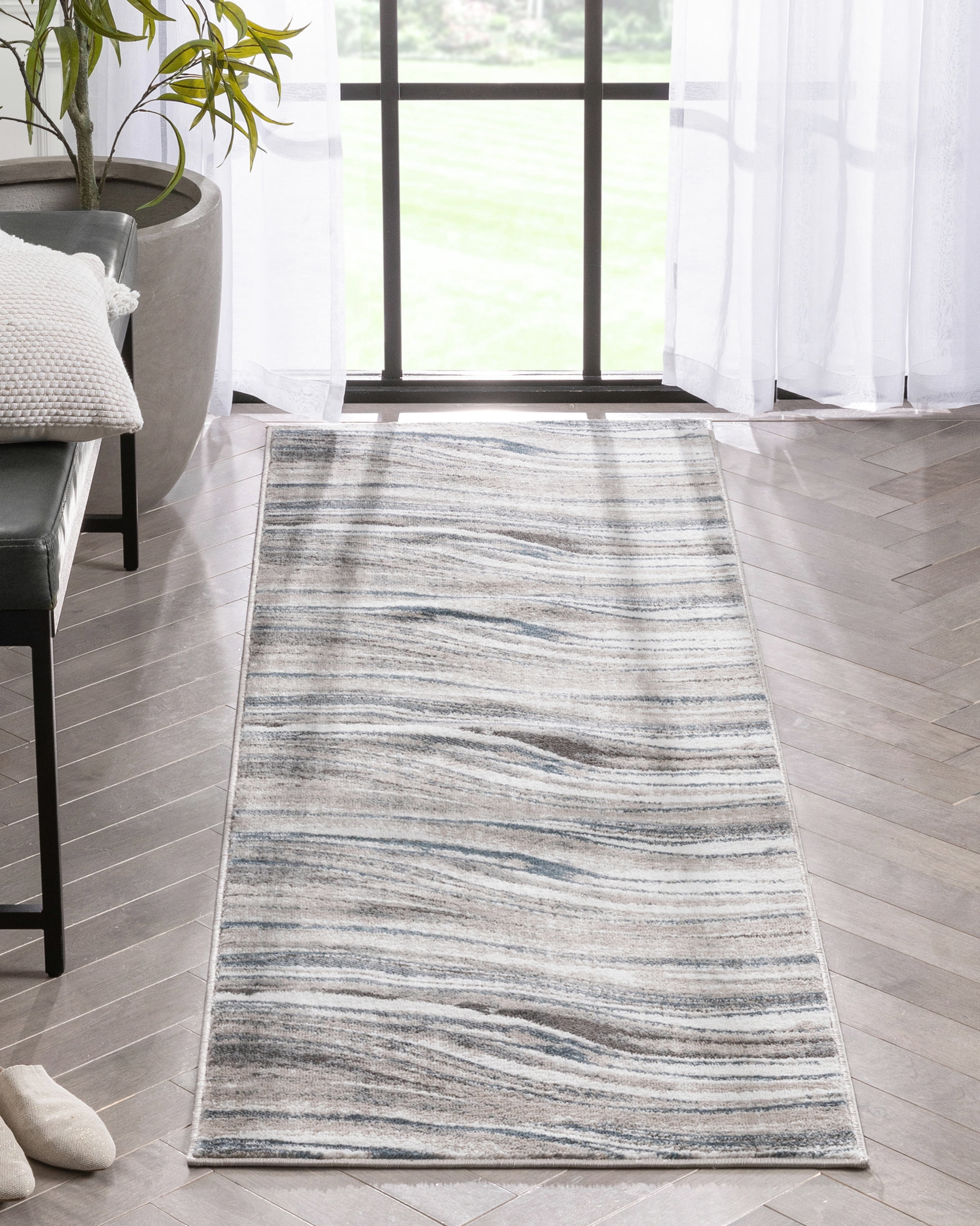 Well Woven Stille Grey Blue Abstract Geometric Stripes Modern Runner ...