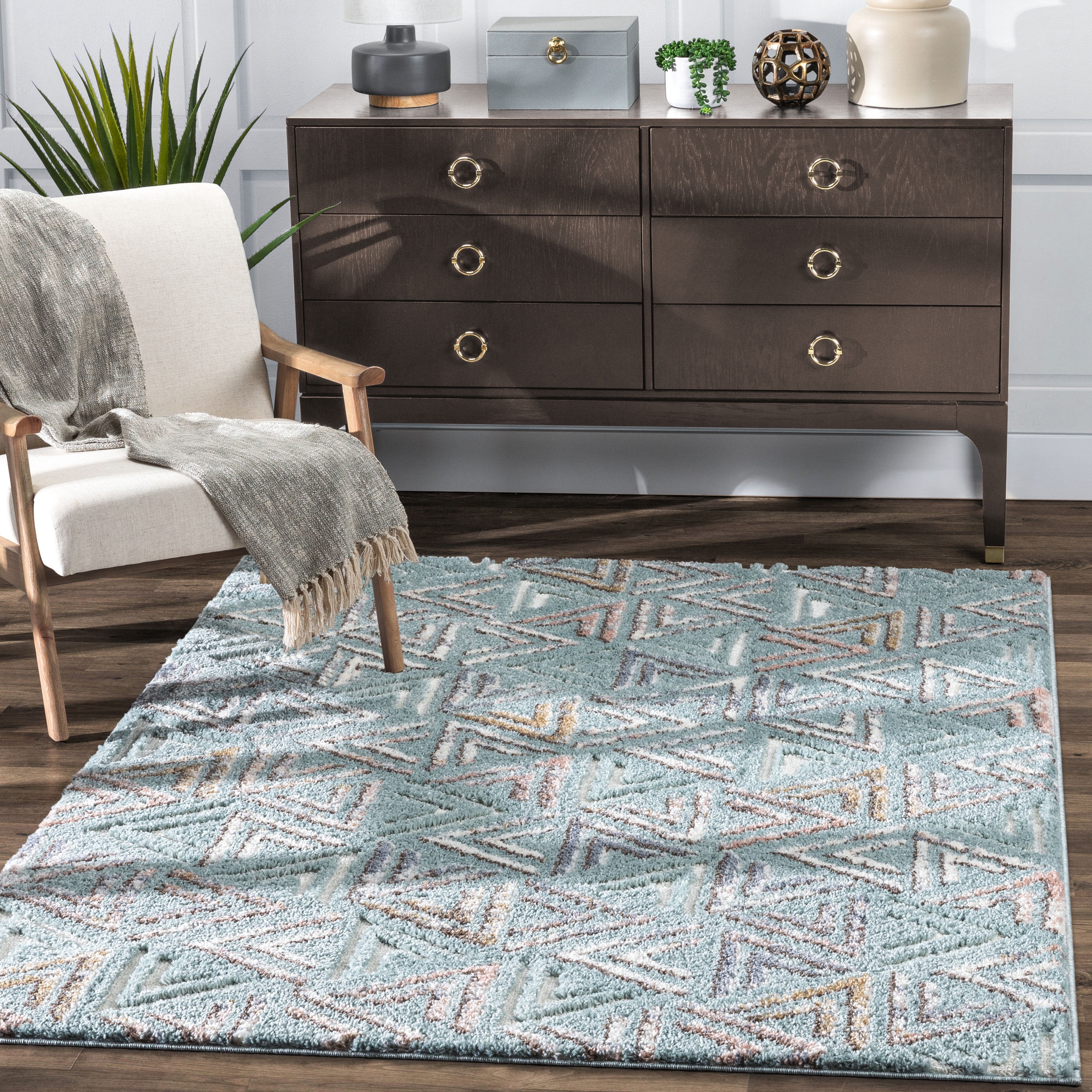 Well Woven Thanatos Triangles Geometric Modern Light Blue Area Rug ...