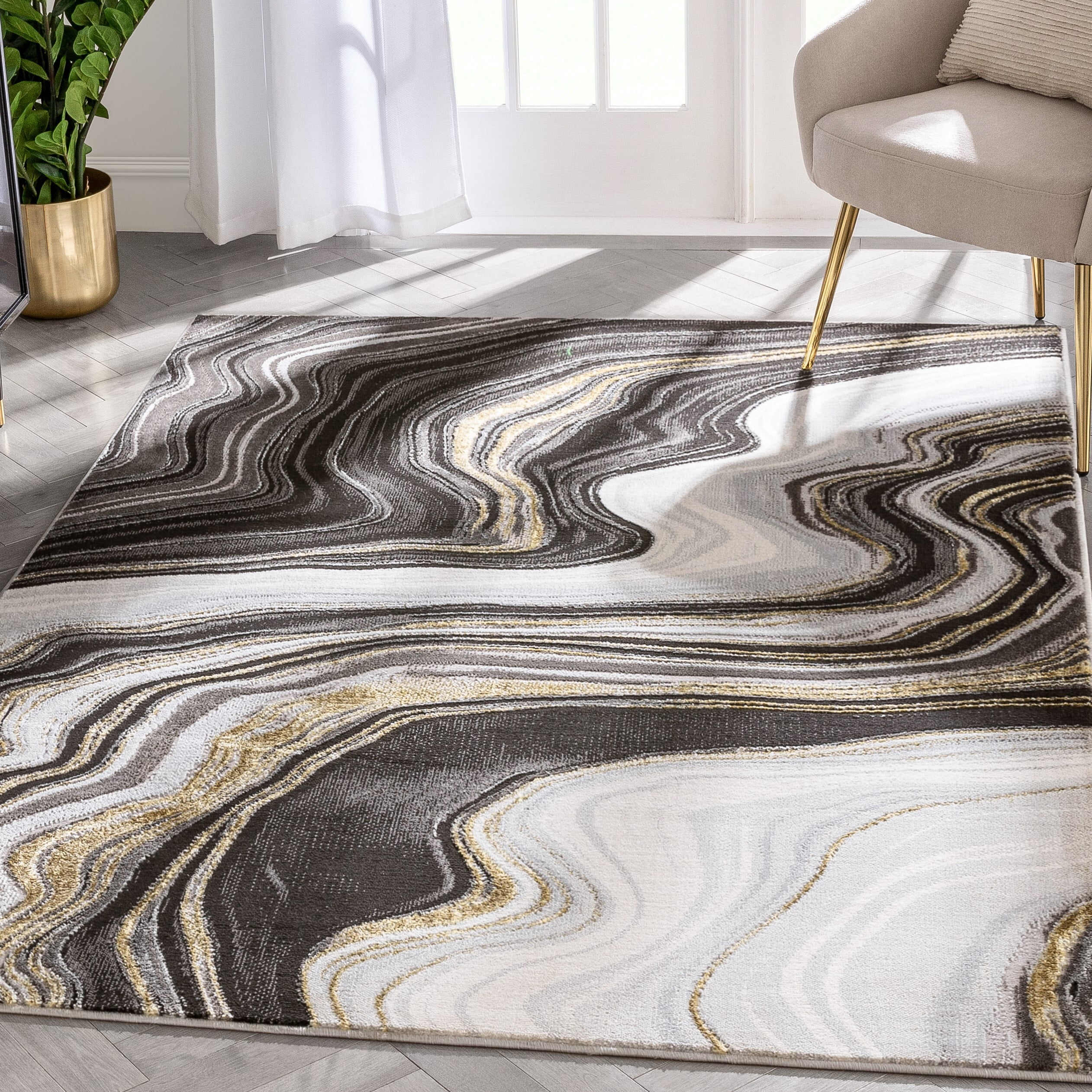 Well Woven Werrick Grey & Gold Marble Pattern Area Rug, 3'11" x 5'3 ...