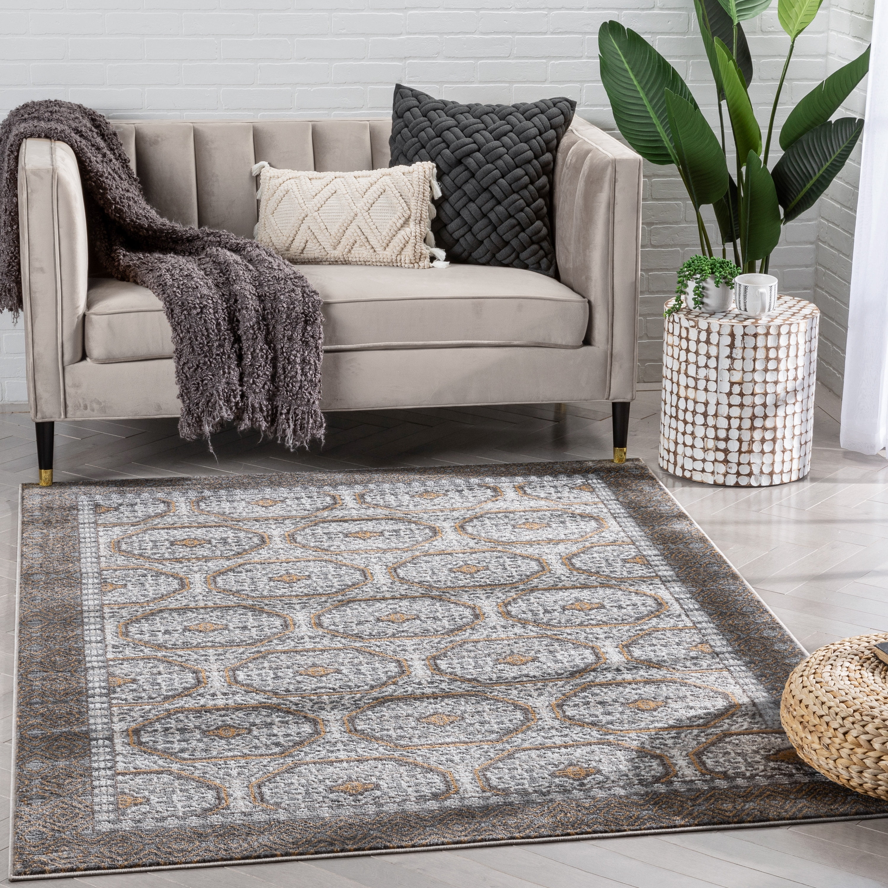 Well Woven Zhera Grey Golden Rust Moroccan Tile Border Modern Area Rug ...