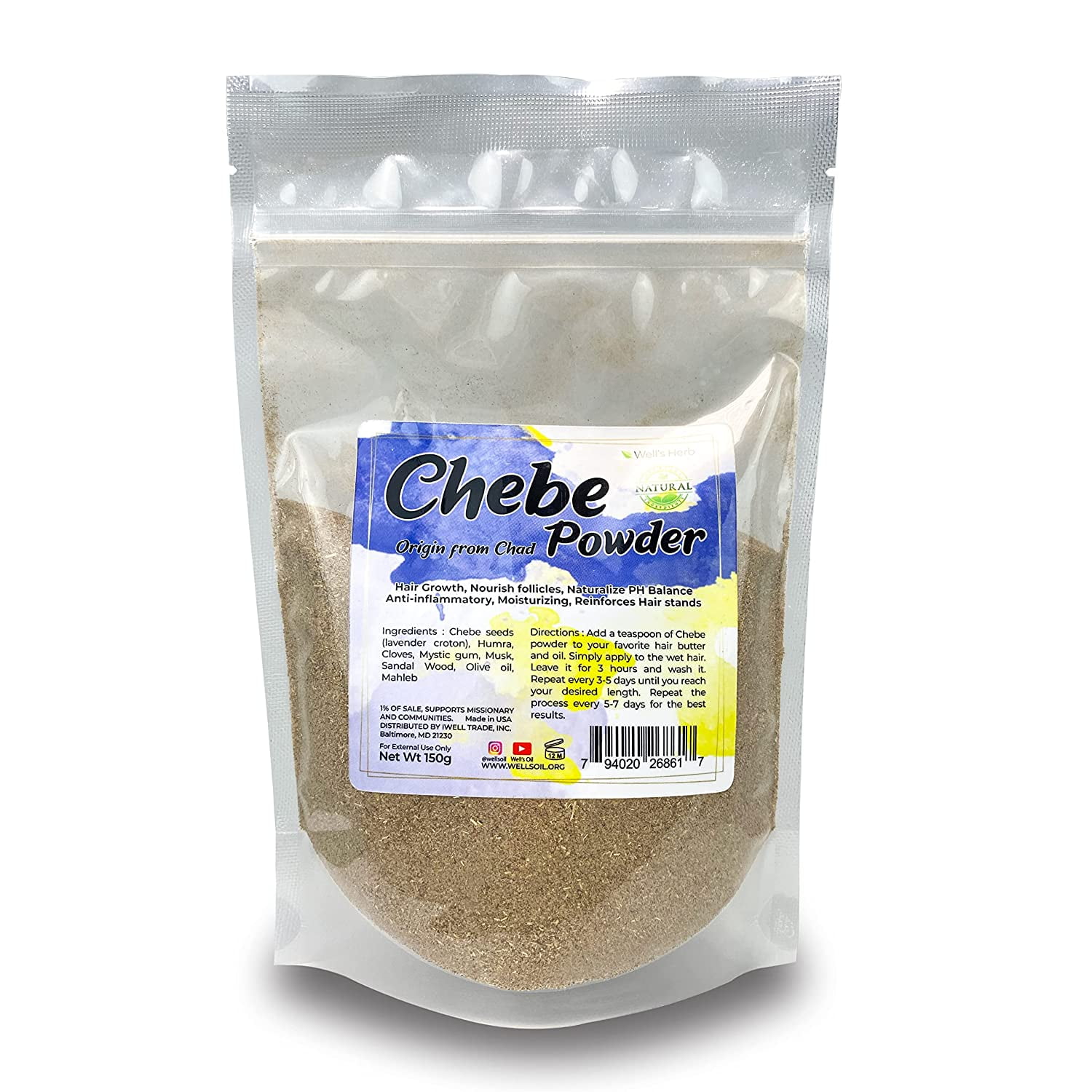 Well's Chebe Powder 150g (Medium) 100% Natural Hair Regrowth Improves ...