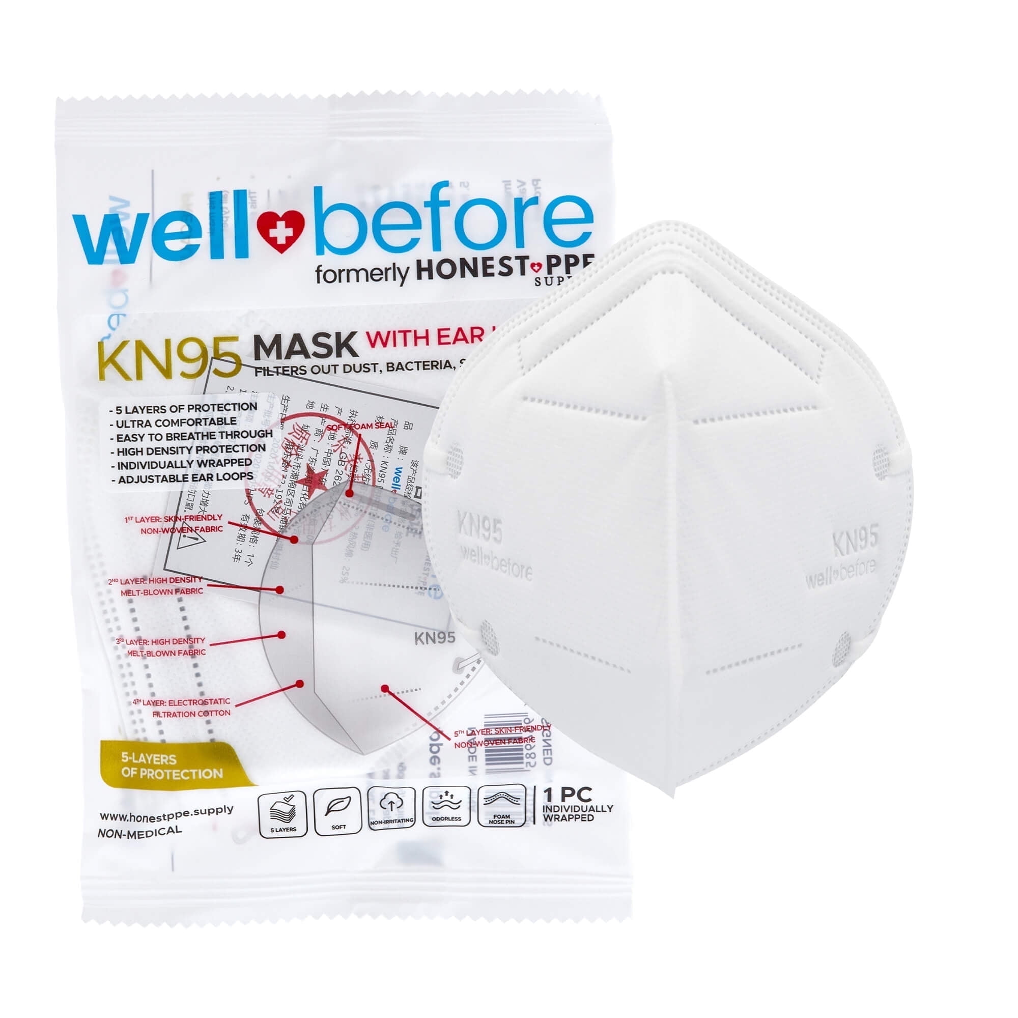 WellBefore KN95 Face Masks, White, Medium, 10-Pack, 5-Layer Protection ...