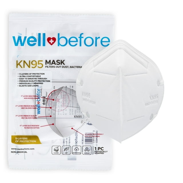 WellBefore KN95 Disposable 5Ply Face Masks, Pack of 10, Medium, White ...