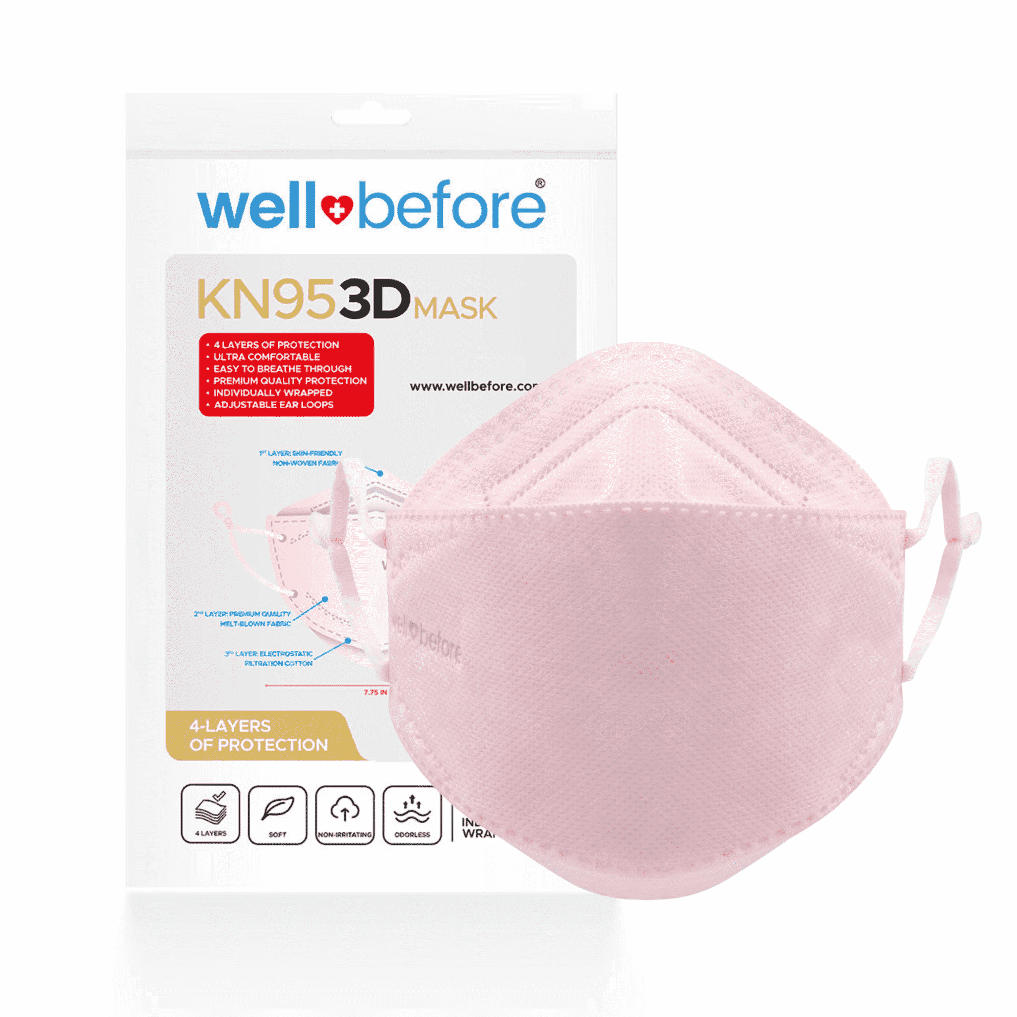 WellBefore KN95 Respirator Masks, Pink, Medium, 4-Ply, Adjustable, 10 ...