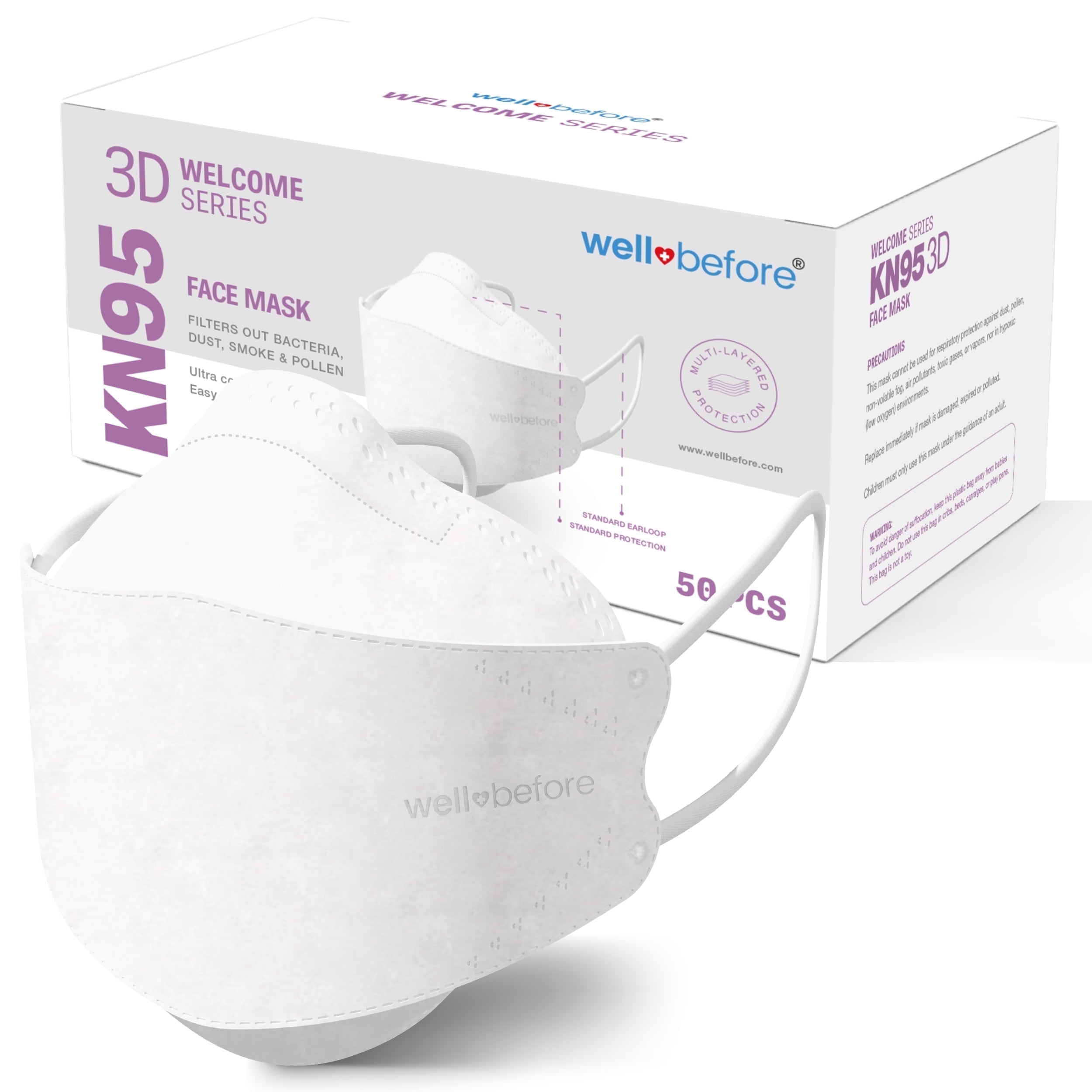WellBefore Welcome Series KN95 3D Face Mask, White, Regular, Pack of 50 ...