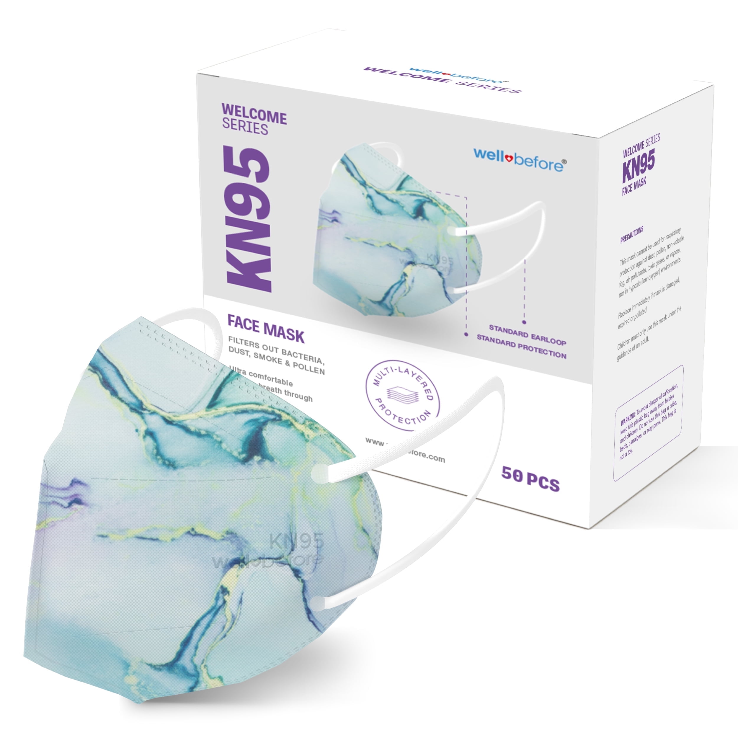 WellBefore Welcome Series KN95 Face Mask, Marble, Medium, Pack of 50 ...