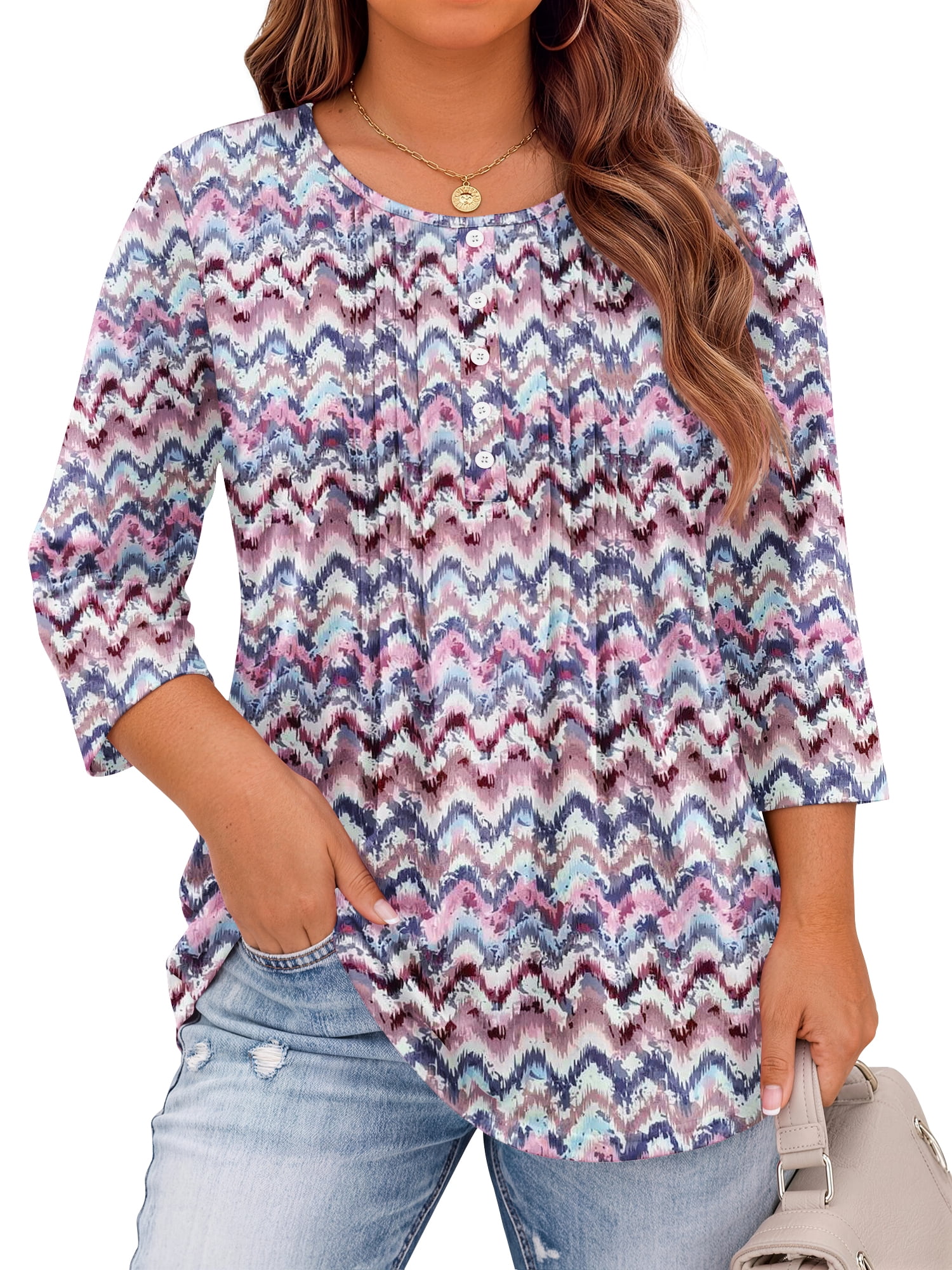 WellSize 3/4 Sleeve Plus Size Womens Blouses Casual Floral Pleats Tops ...