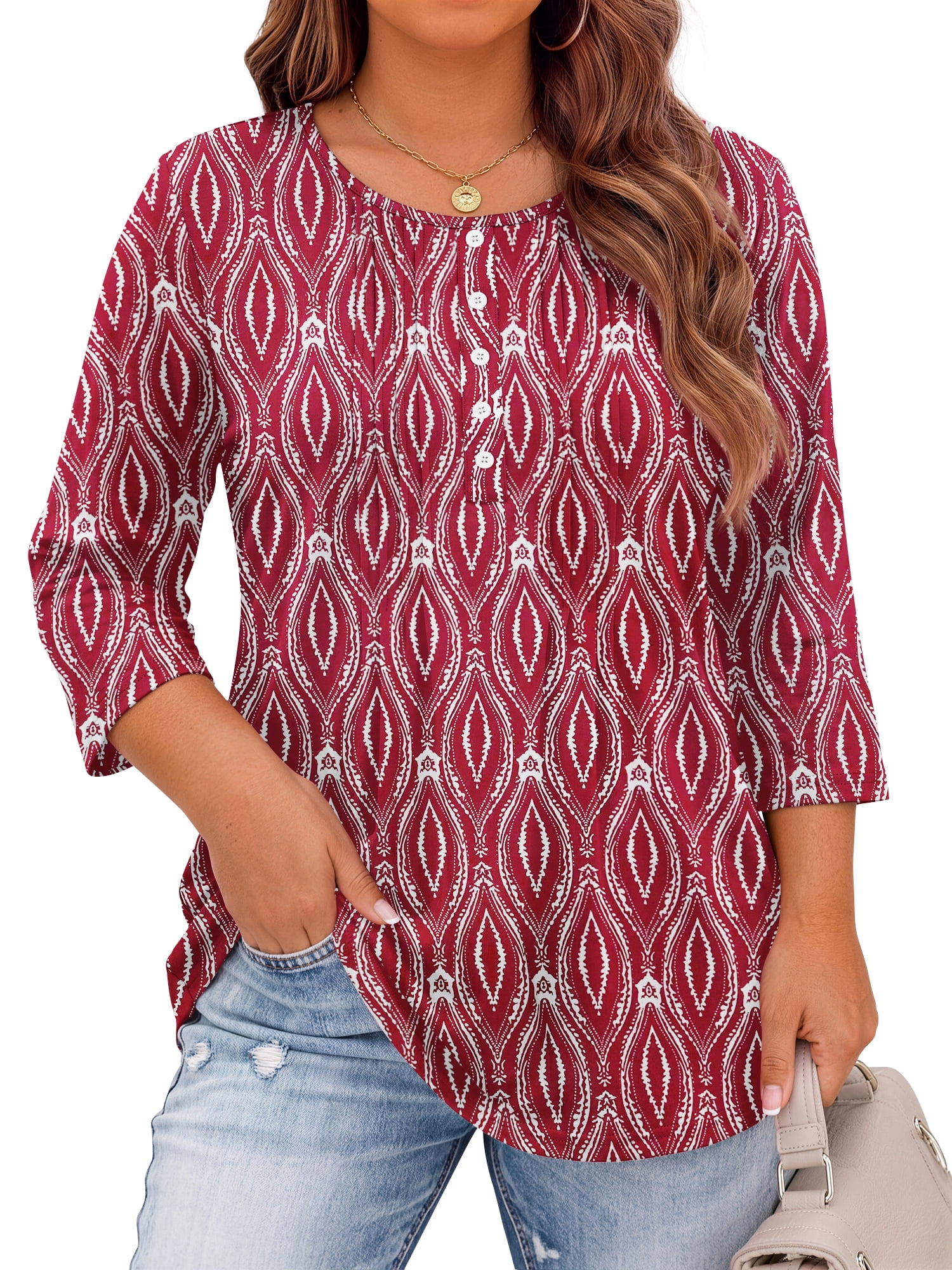WellSize 3/4 Sleeve Plus Size Womens Blouses Casual Floral Pleats Tops ...