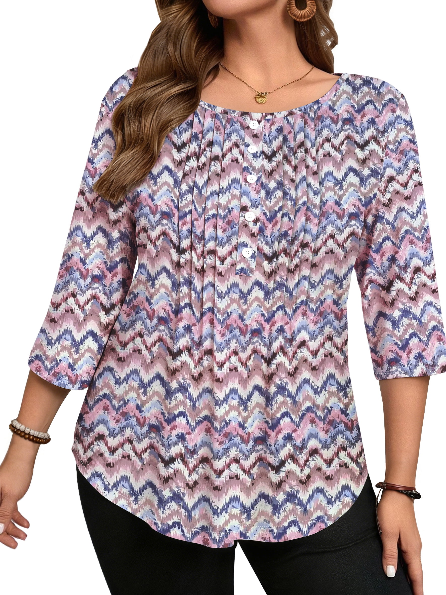 WellSize 3/4 Sleeve Plus Size Womens Blouses Casual Floral Pleats Tops ...