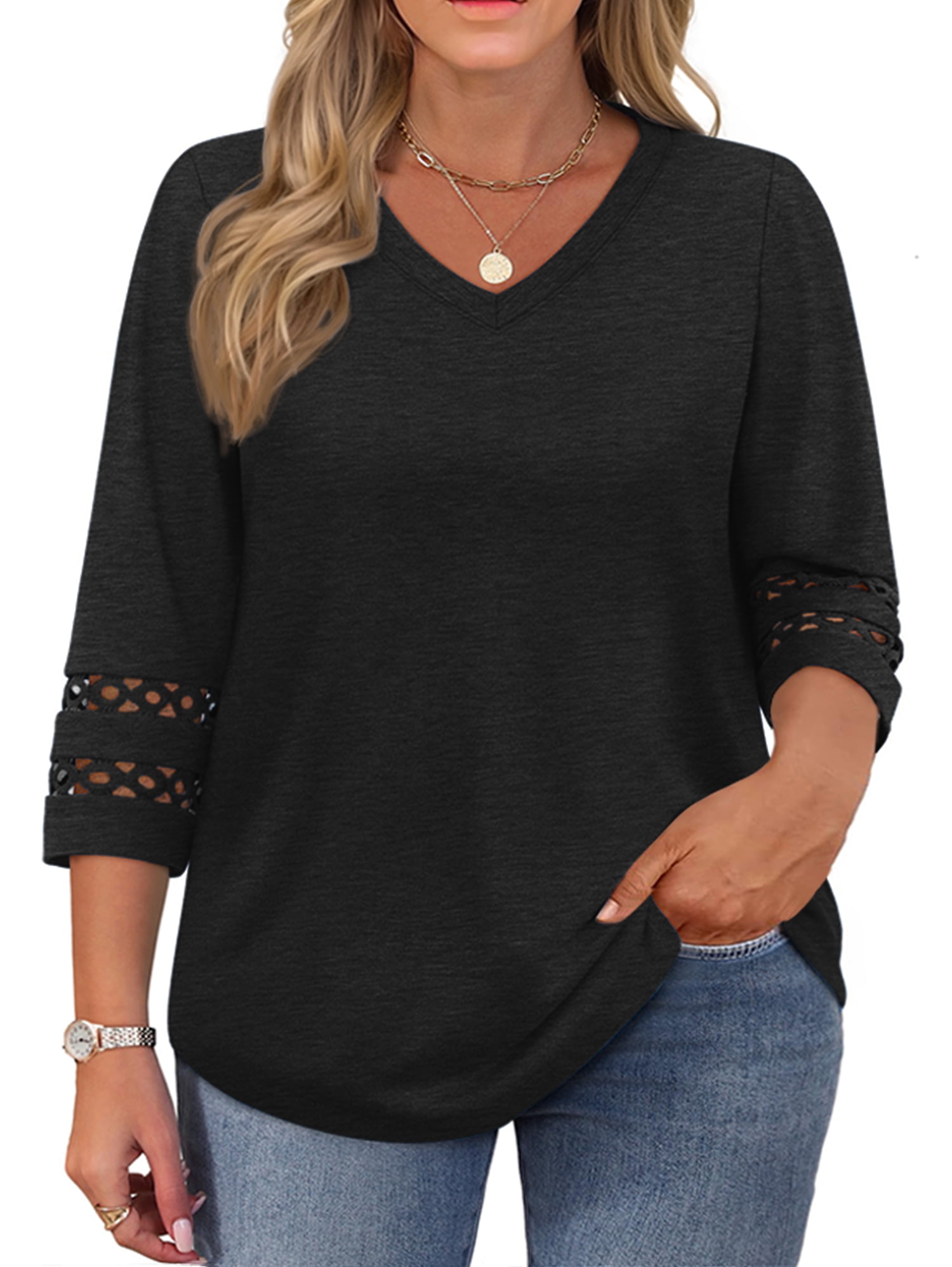 WellSize Womens Plus Size Tunic Top, 3/4 Sleeve V Neck Lace Blouse ...