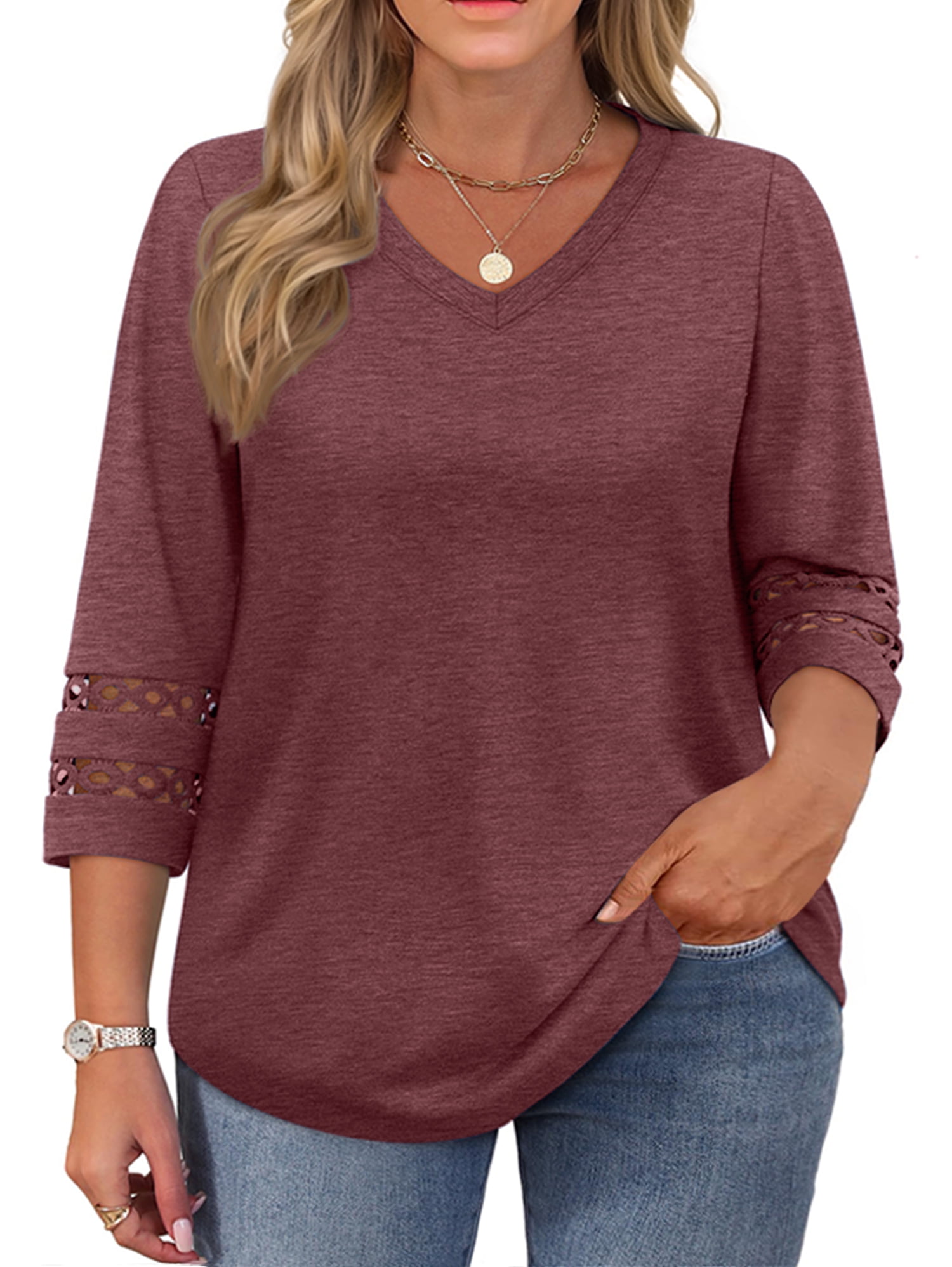 WellSize Womens Plus Size Tunic Blouses, 3/4 Sleeve V Neck Lace Casual ...