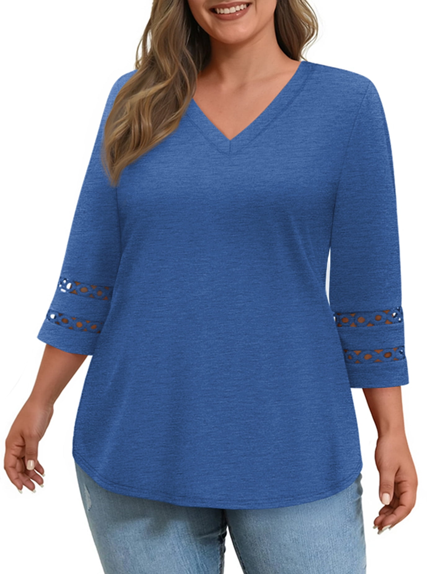 WellSize 3/4 Sleeve Womens Plus Size Tops V Neck Trendy Tunic Blouses ...