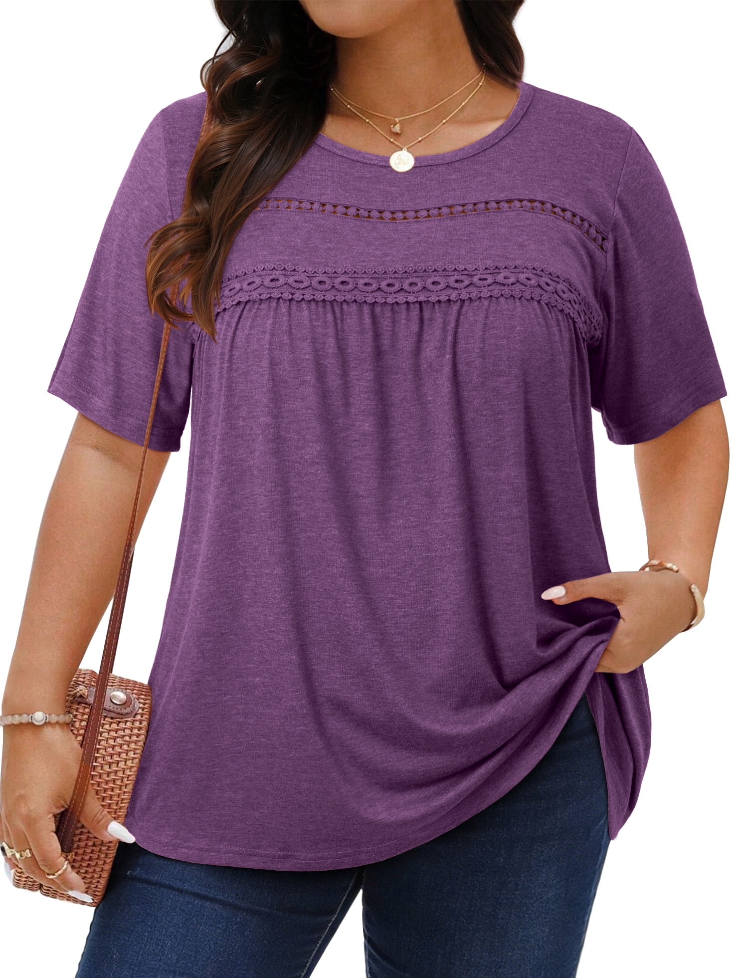 WellSize Lace Plus Size Women Blouses Casual Tunic Boho Tops Crew Neck ...