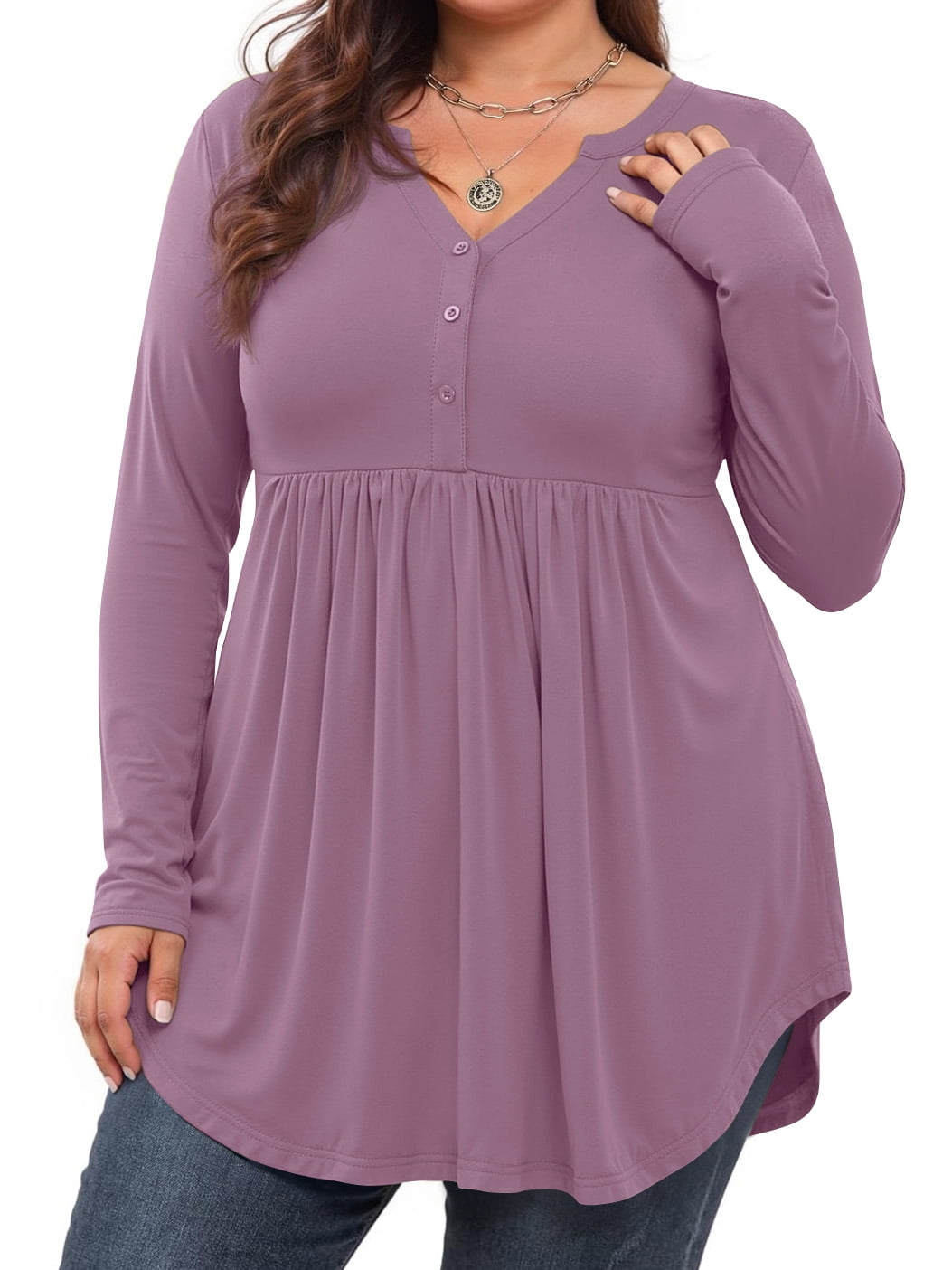 WellSize Plus Size Blouses for Women V Neck Curved Hems Tunic Tops ...