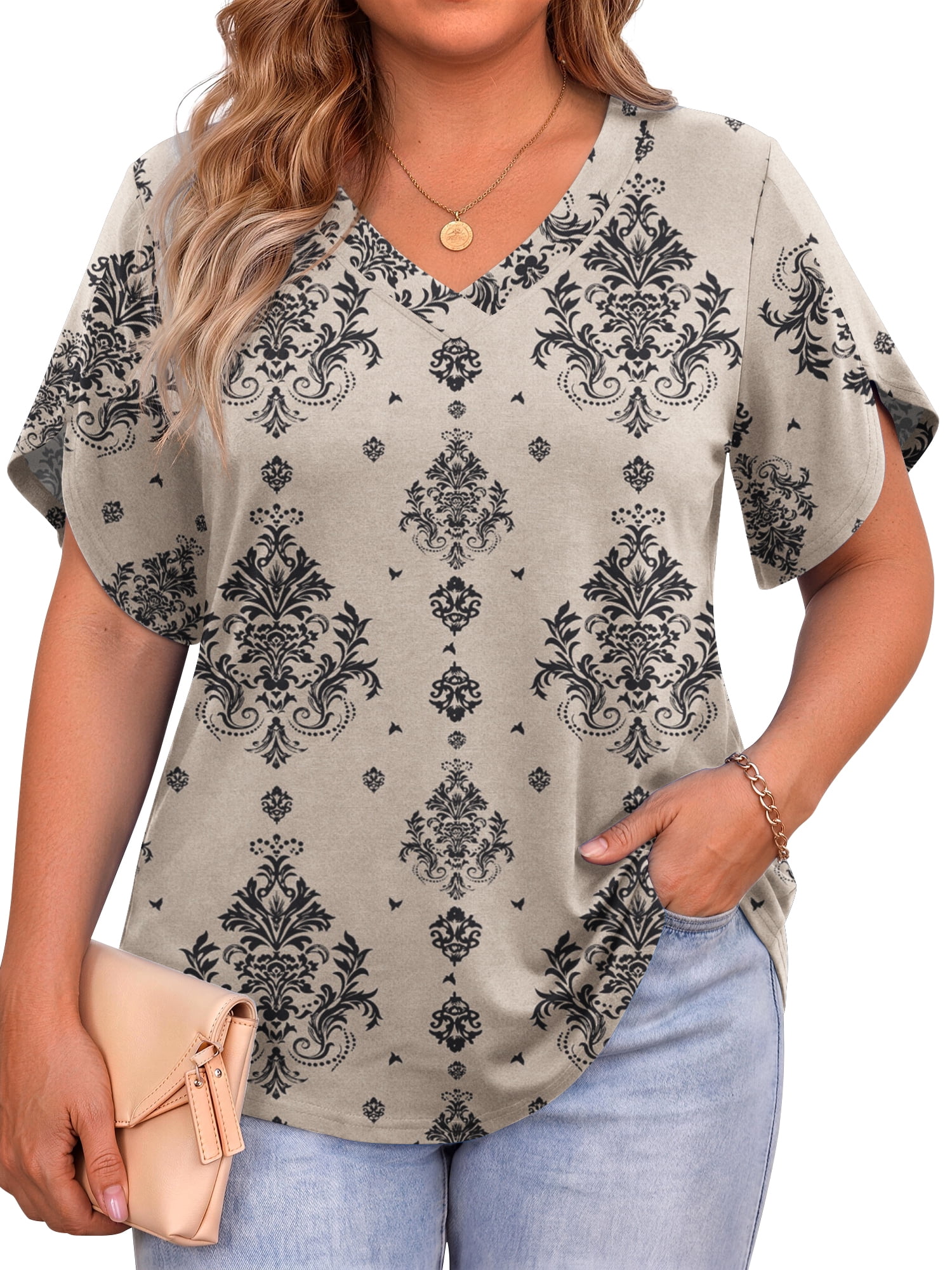 WellSize Plus Size Blouses for Women V Neck Short Petal Sleeve Tunic ...