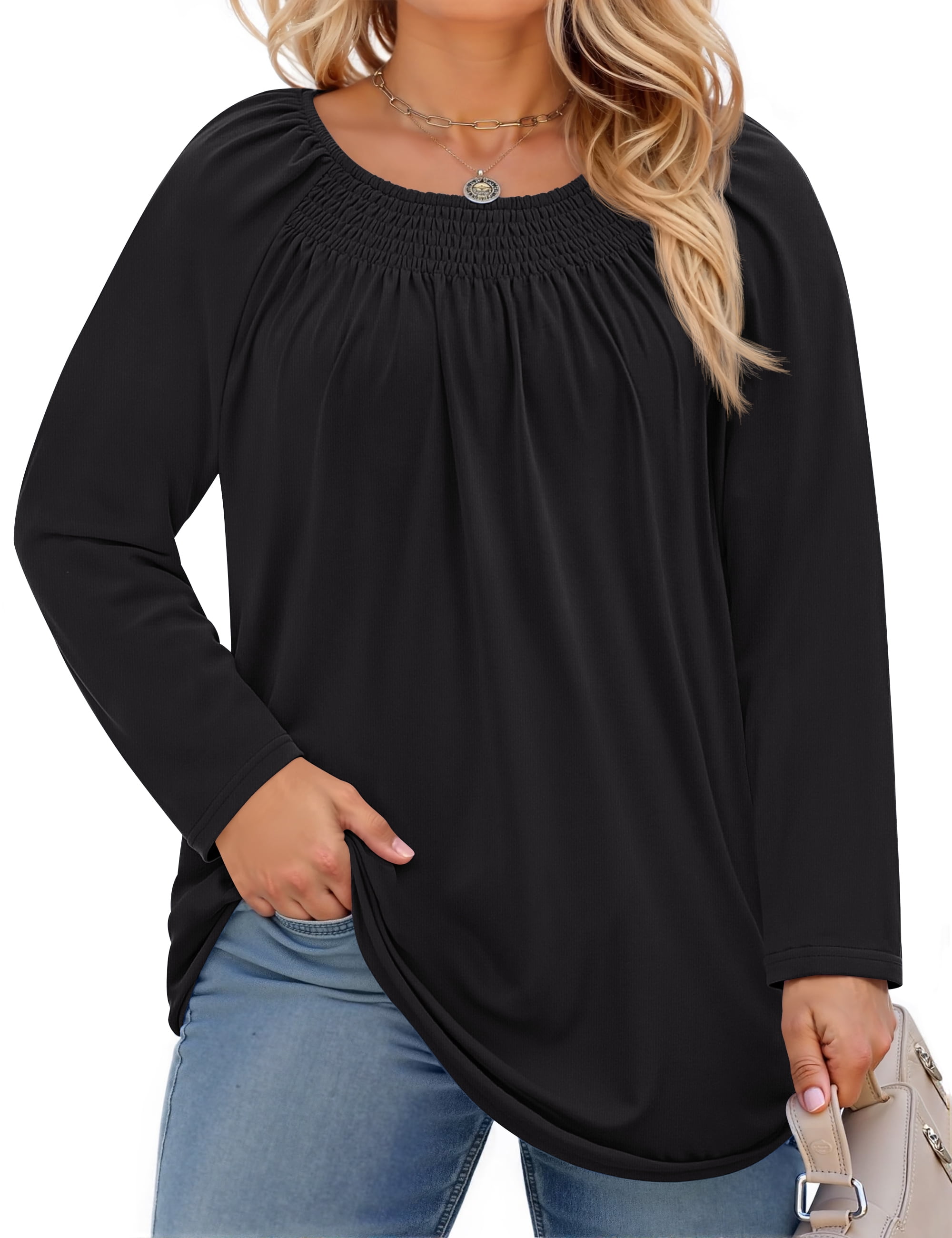 WellSize Plus Size Women Blouses Casual Pleated Long Sleeve Shirts Fall ...