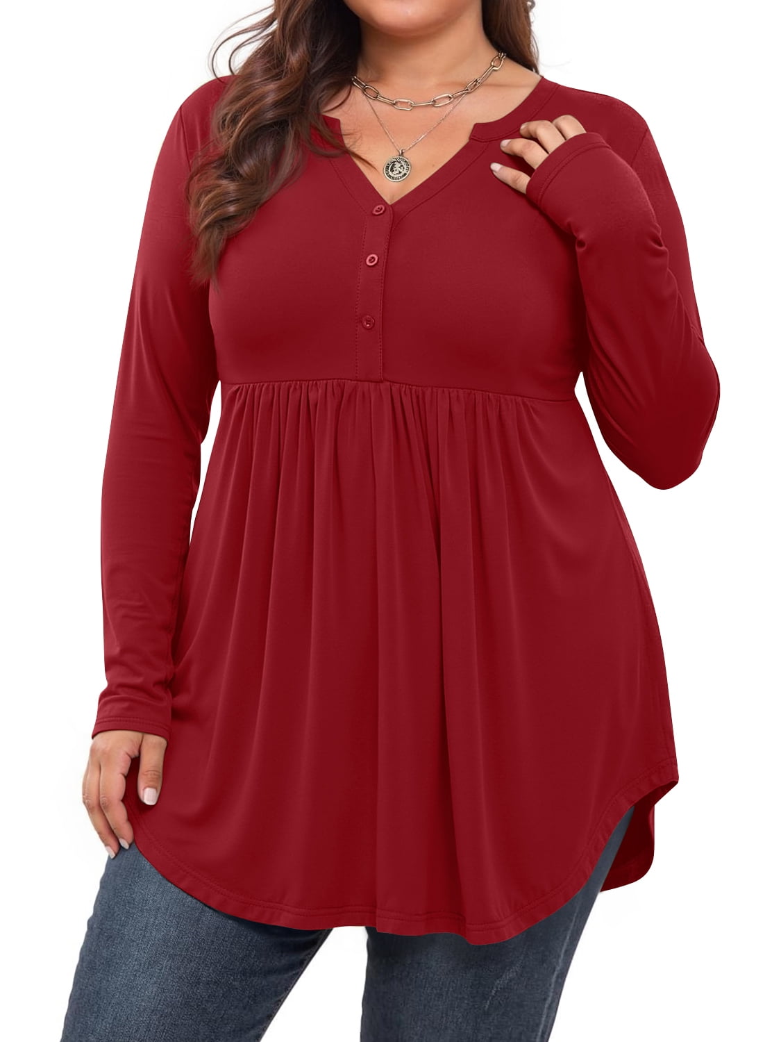 WellSize Plus Size Women Fall Blouses V Neck Curved Hems Tunic Tops ...