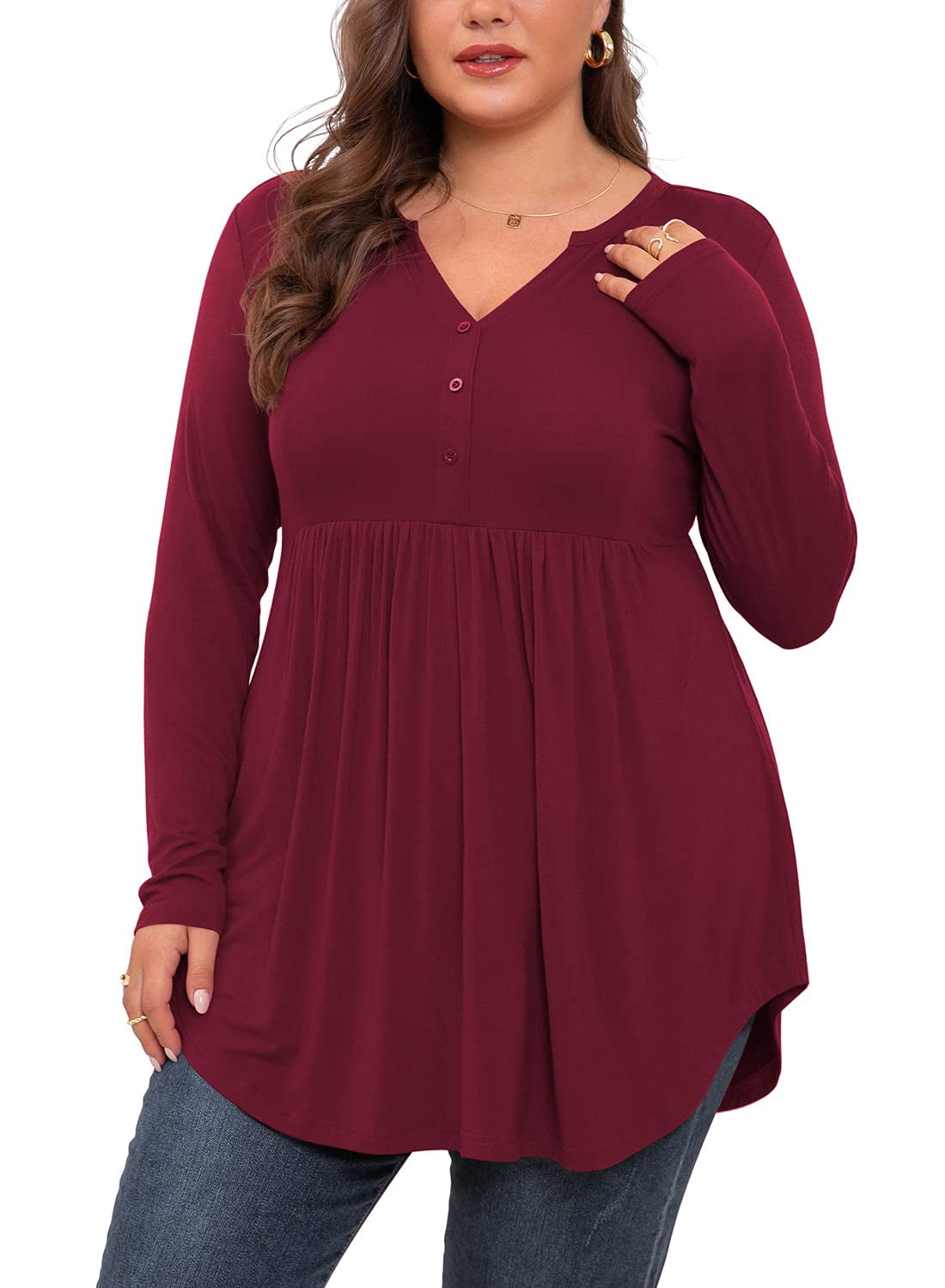 WellSize Plus Size Women Blouses V Neck Curved Hems Tunic Tops Casual ...