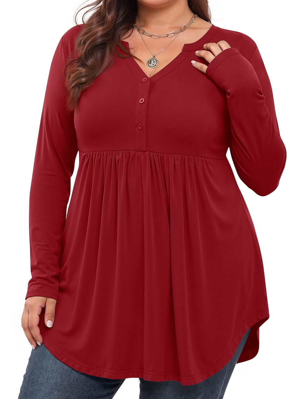 WellSize Plus Size Blouses for Women V Neck Curved Hems Tunic Tops ...
