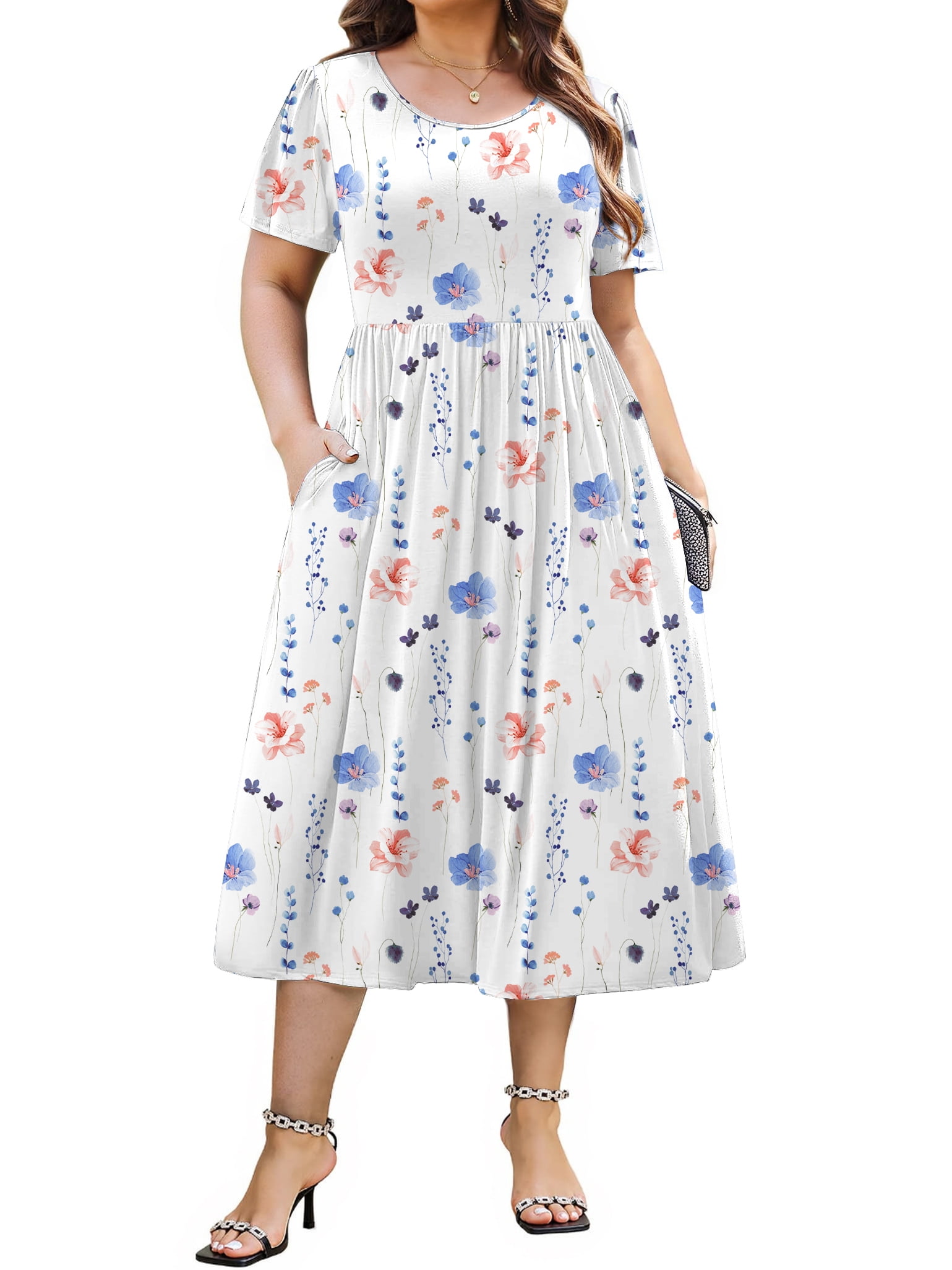 WellSize Plus Size Summer Dresses, Floral Midi Sundress with Pockets ...