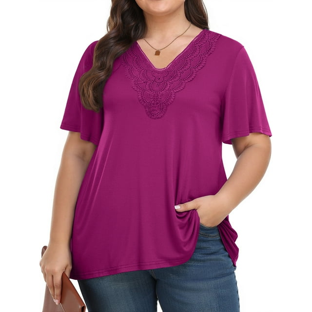 WellSize Women Plus Size Tops Dressy Lace V Neck Shirts Casaul Short ...