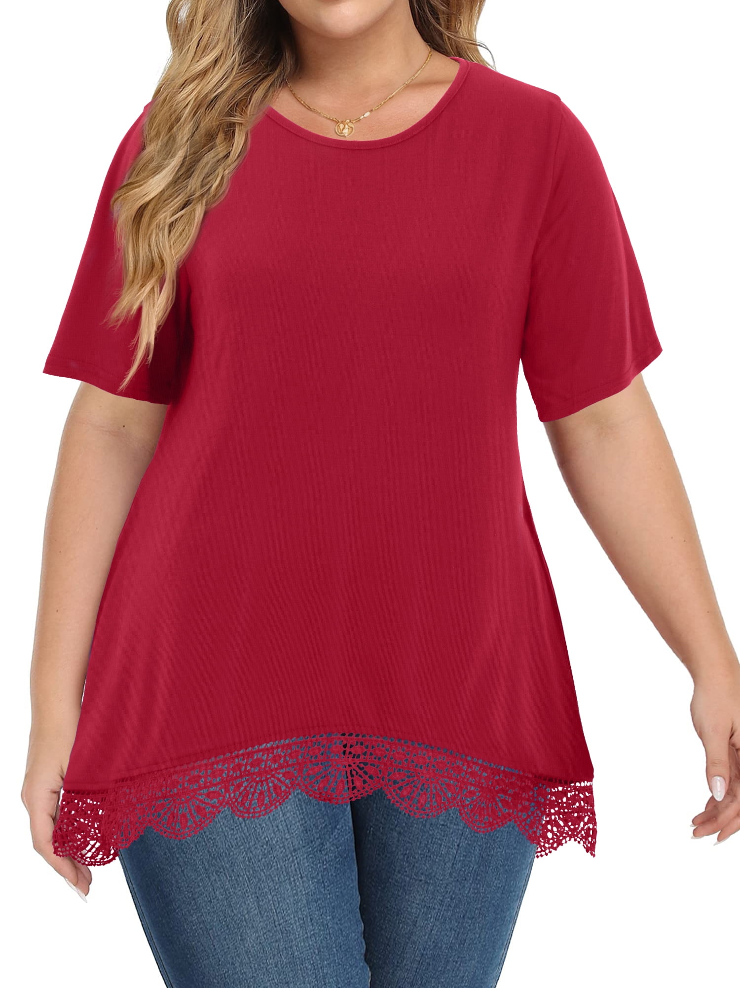 WellSize Women Plus Size Tops Casual Lace Tunic Blouse Summer Crew Neck ...