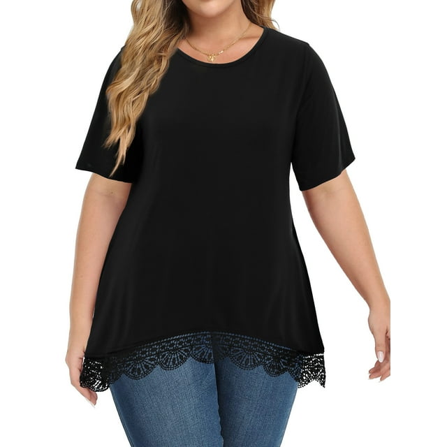 WellSize Women Plus Size Tops Casual Lace Tunic Blouse Summer Crew Neck ...