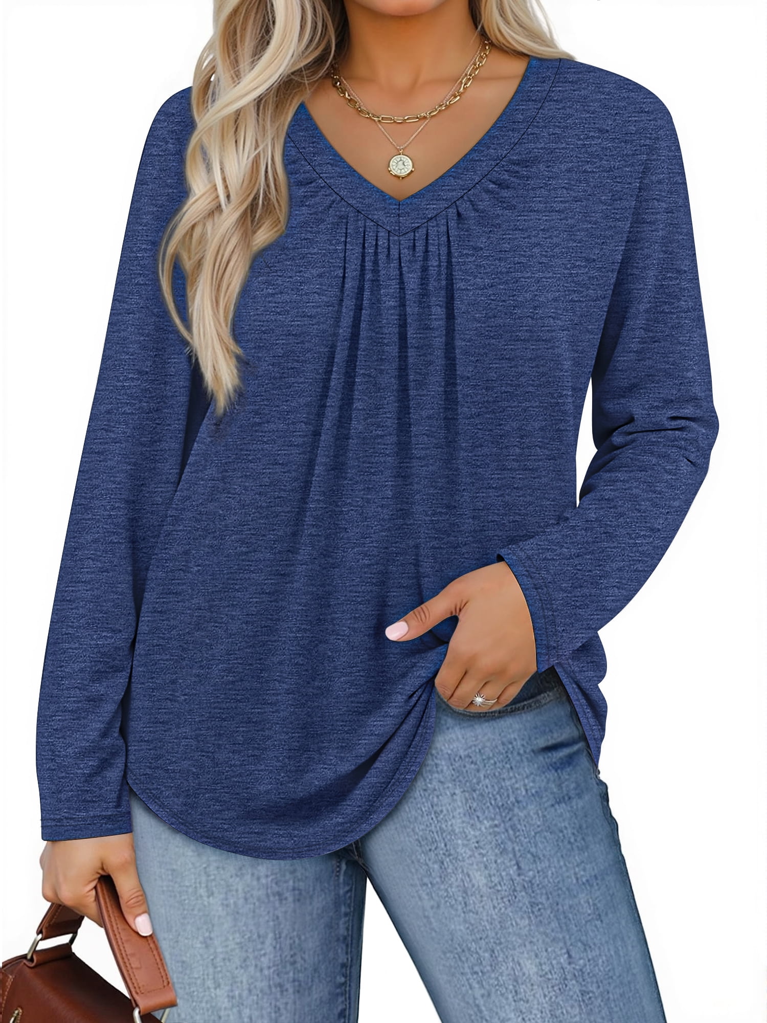 WellSize Womens Plus Size Tops Casual Pleated V Neck Fall Blouse Tunic ...