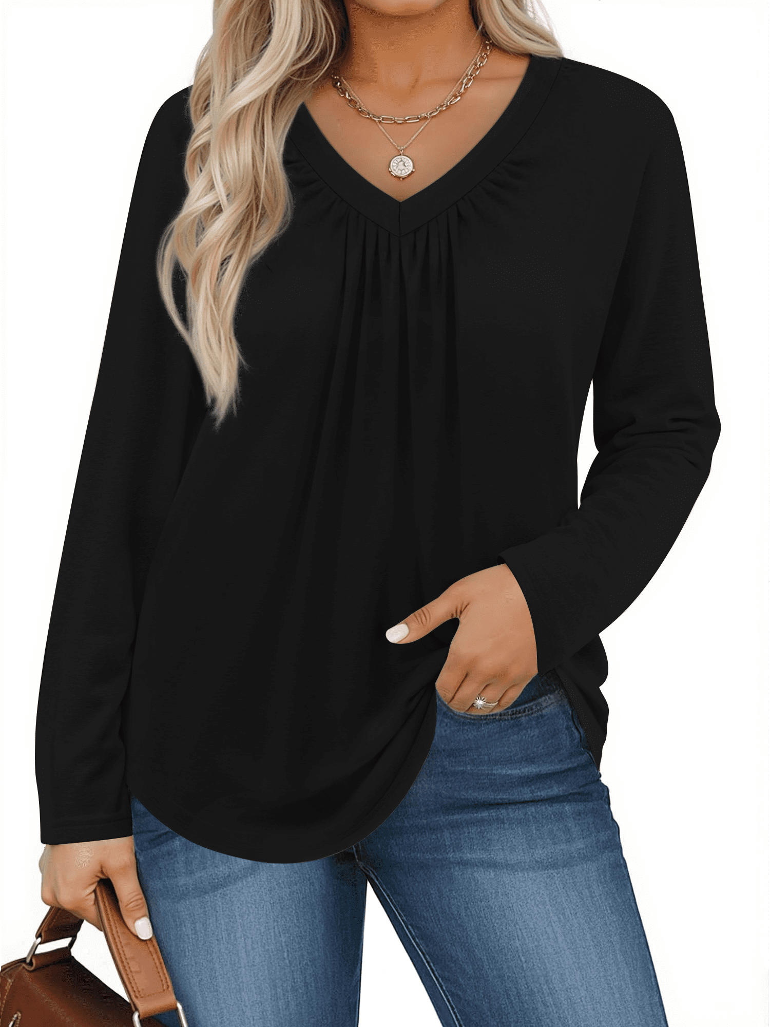 WellSize Womens Plus Size Tops Casual Pleated V Neck Fall Blouse Tunic ...
