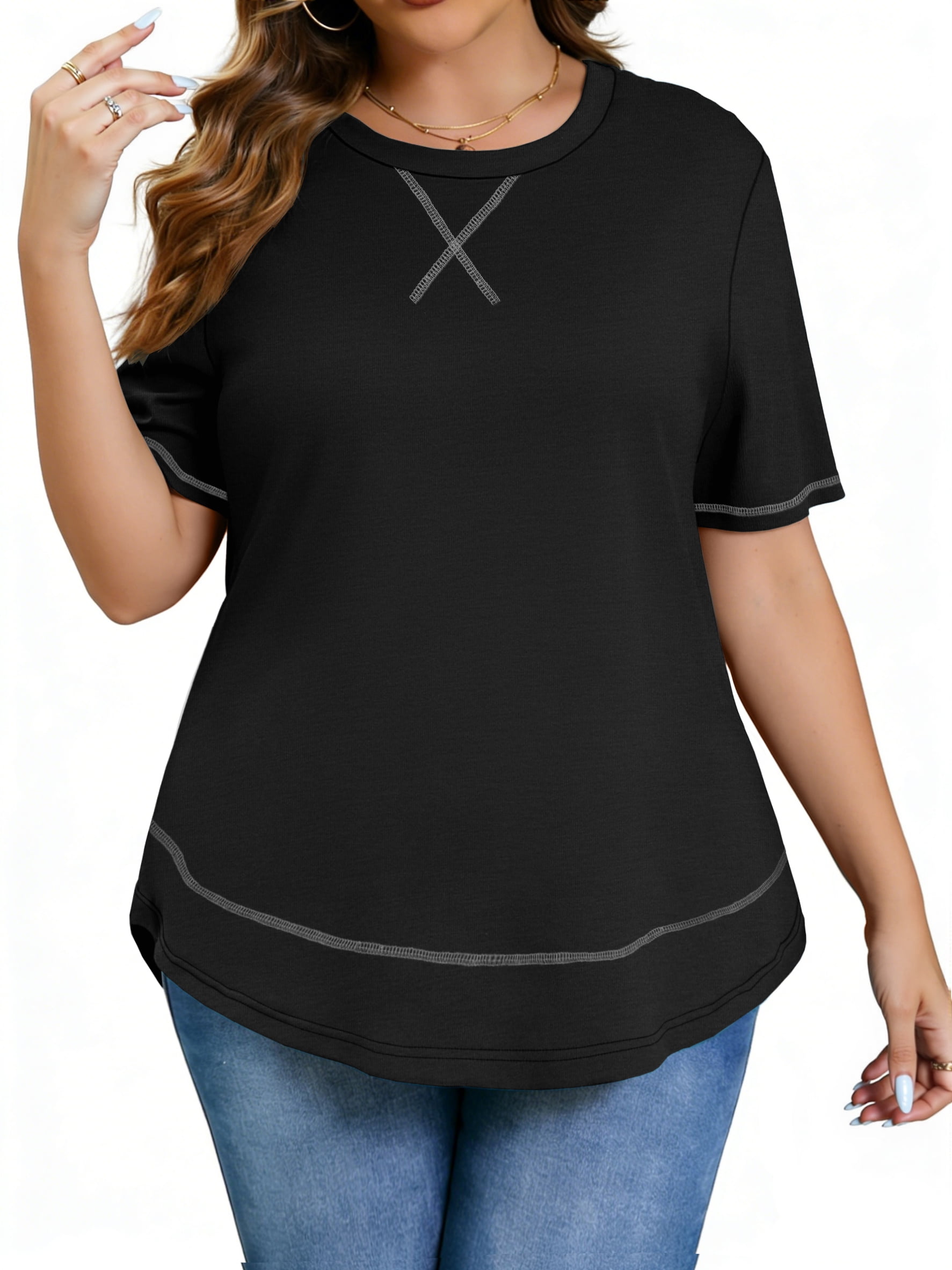 WellSize Womens Plus size Tops Curved Hem Summer Short Sleeve Shirts ...