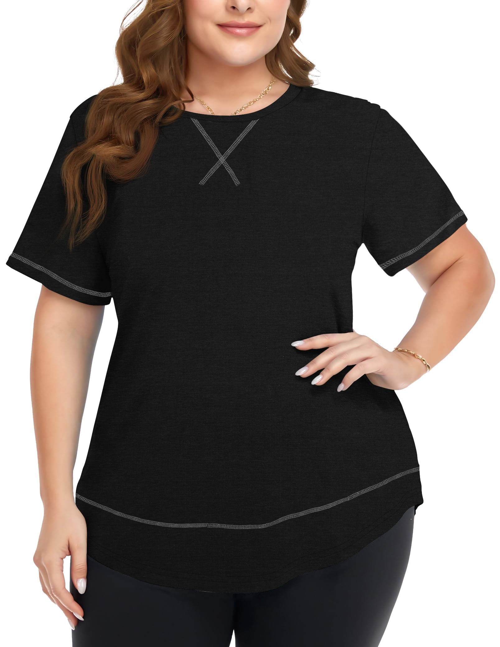 WellSize Womens Plus size Tops Curved Hem Summer Short Sleeve Shirts ...