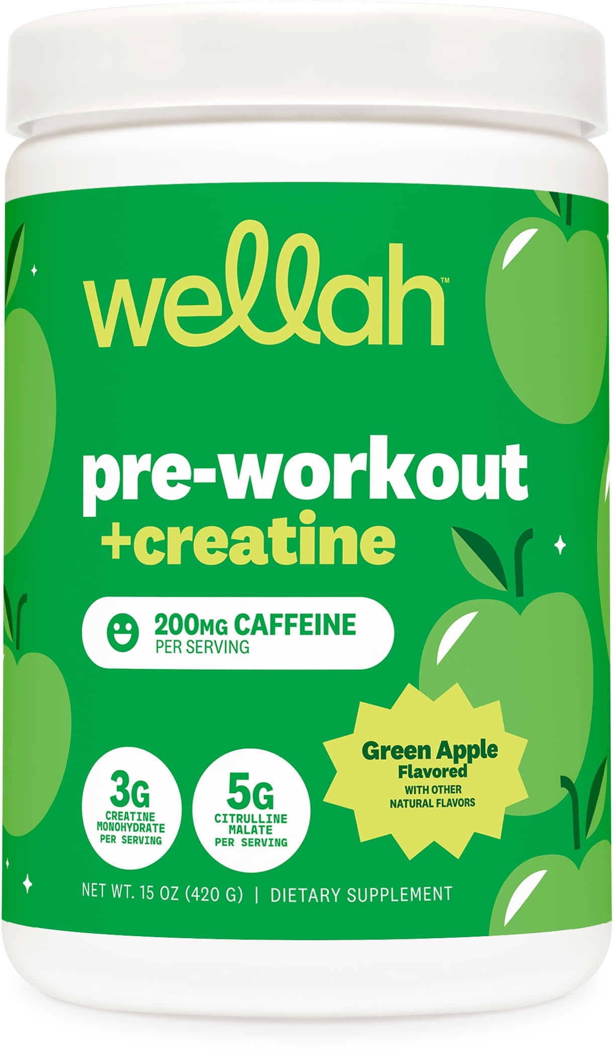 Wellah Pre-Workout + Creatine Powder (30 Servings) Green Apple - 200mg ...