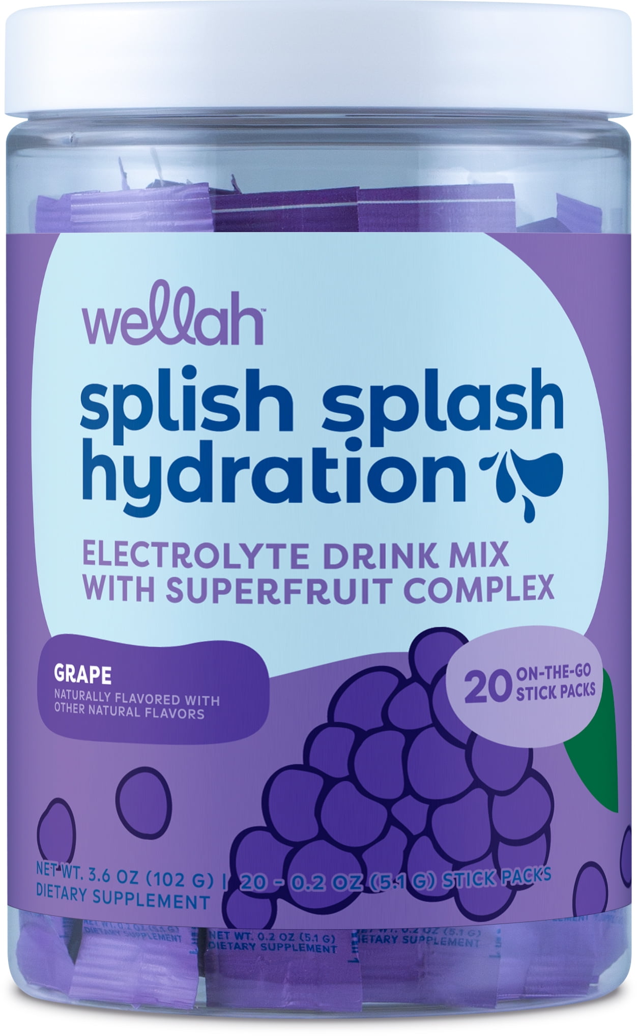 Wellah Splish Splash Hydration (Grape Flavor) 20 Stick Packs - Electrolyte Drink Mix with ...