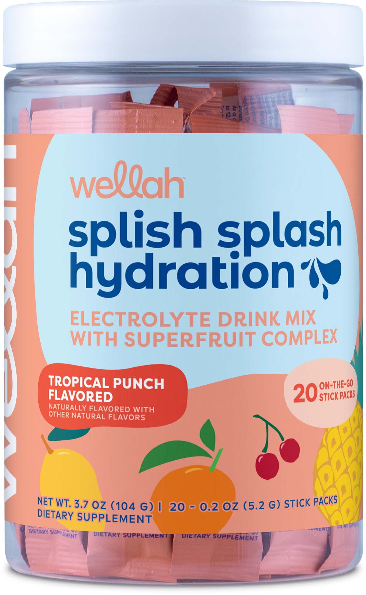 Wellah Splish Splash Hydration (Tropical Punch Flavor) 20 Stick Packs - Electrolyte Drink Mix ...