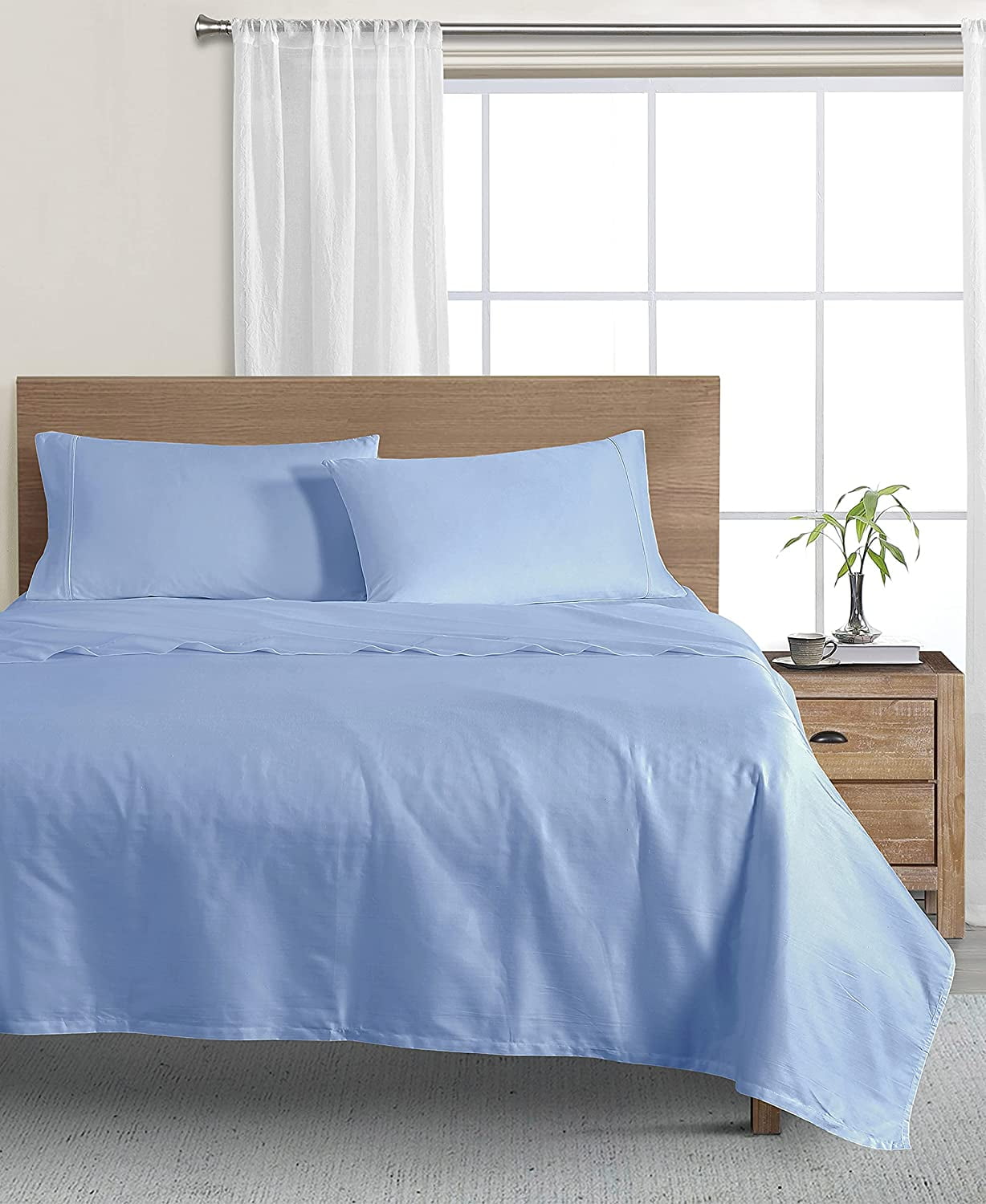 Wellbeing Oxywash Solid 300 Thread Count Sheet Set, King Bedding, Blue ...