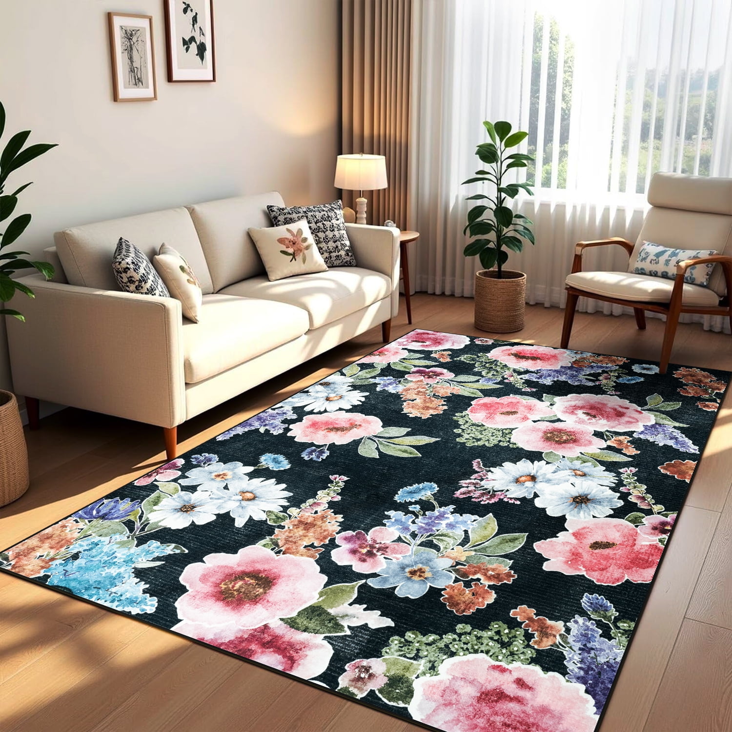Wellber Area Rug Soft Vintage Floral Rugs Non Slip Carpet for Bedroom ...